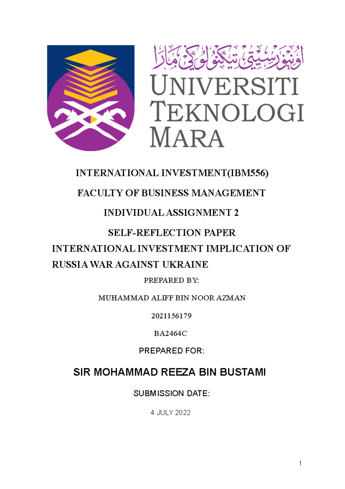 IBM 556 SELF- Reflection Paper - INTERNATIONAL INVESTMENT(IBM556 ...