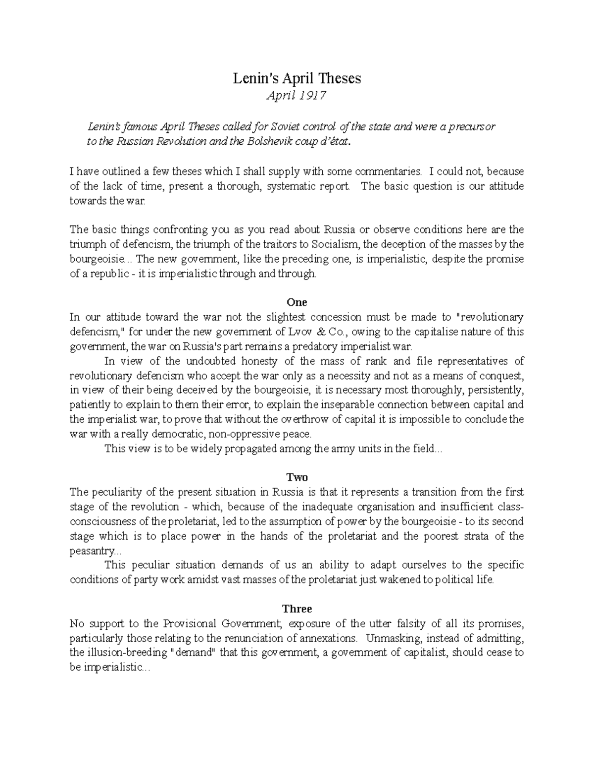 Lenins-April-Theses - Lenin - Lenin's April Theses April 1917 Lenin’s ...