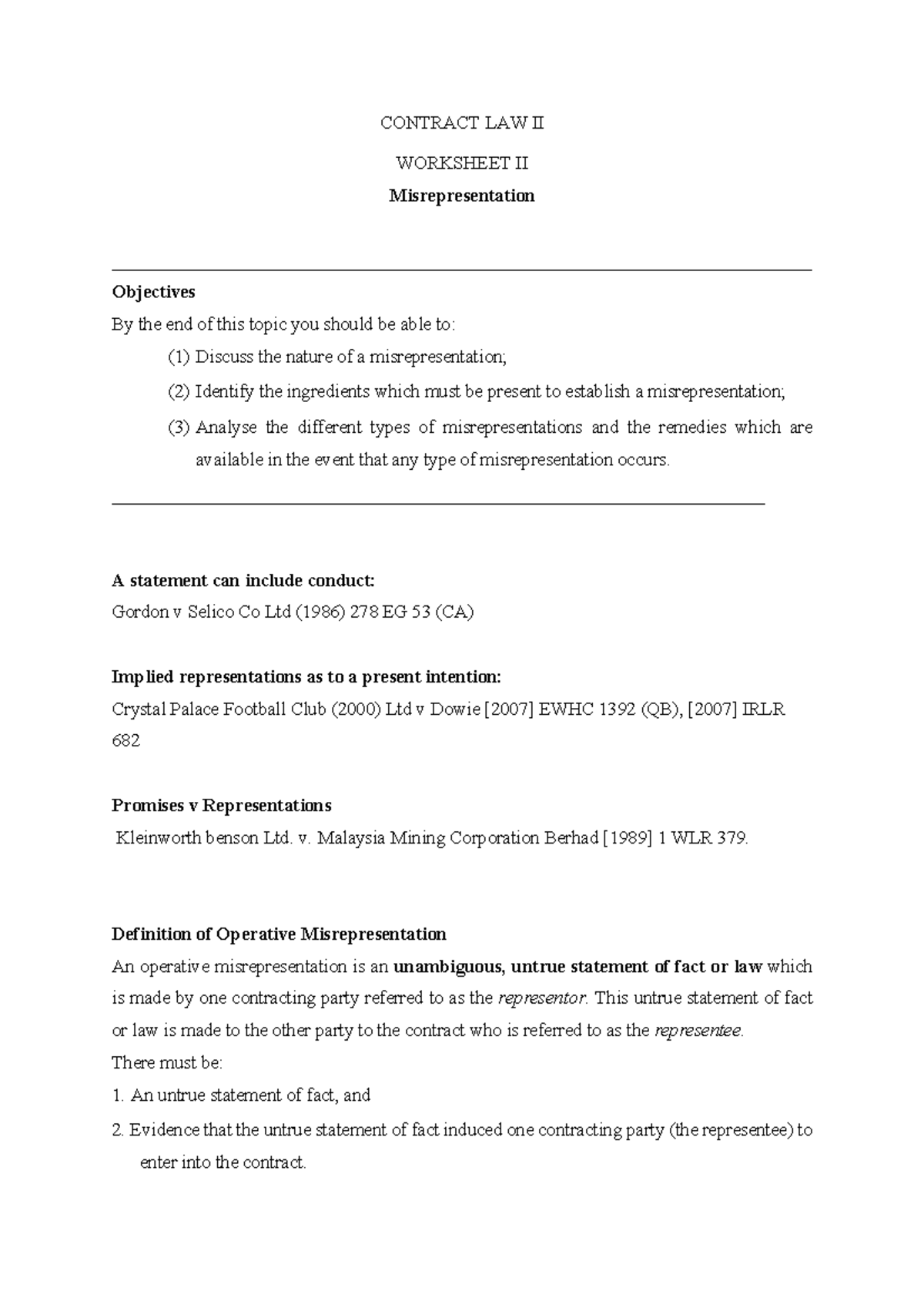 Worksheet 2 - Misrepresentation - CONTRACT LAW II WORKSHEET II ...