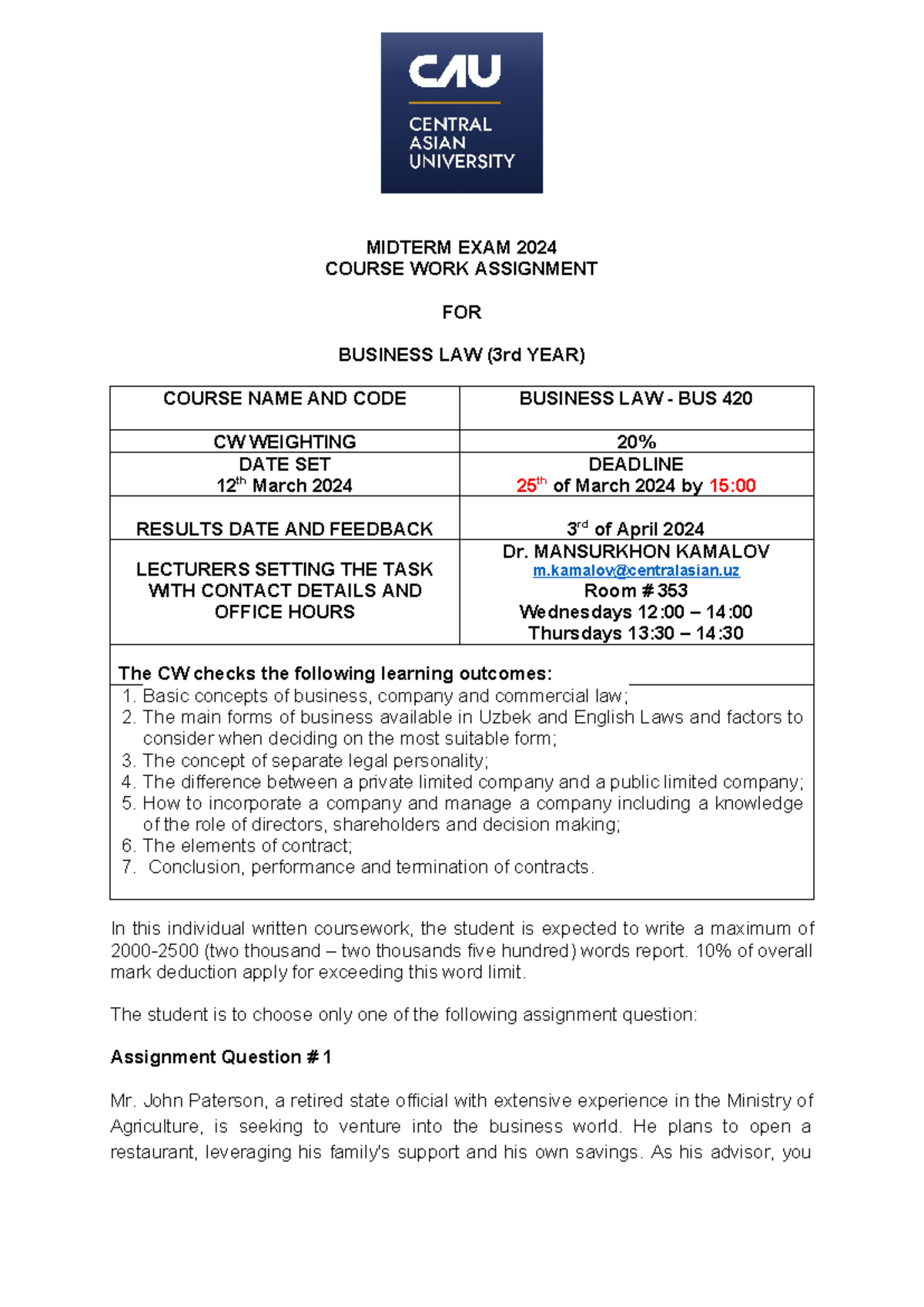 Midterm EXAM 2024 - MIDTERM EXAM 2024 COURSE WORK ASSIGNMENT FOR BUSINESS LAW (3rd YEAR) COURSE ...