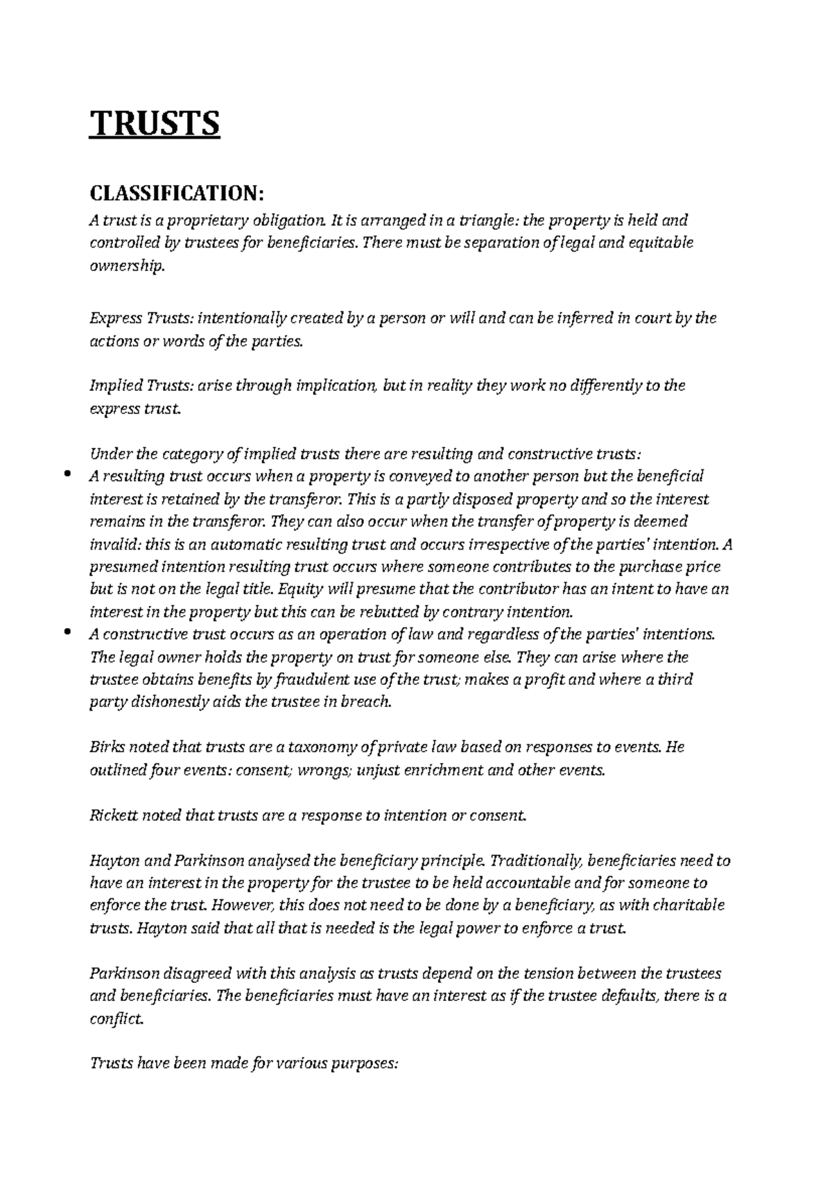 Summary - revision notes on the entire course - TRUSTS CLASSIFICATION ...