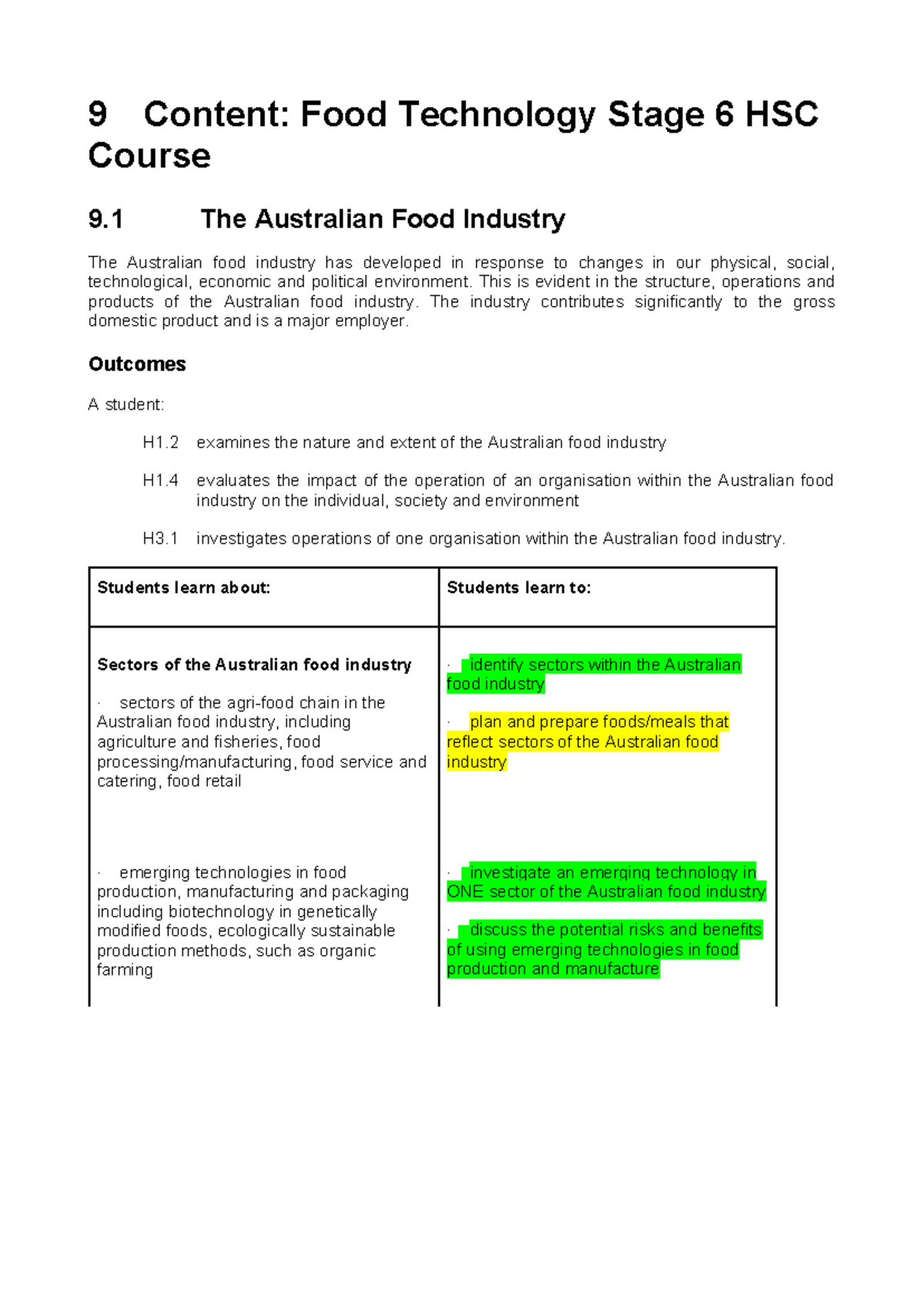 Copy of Syllabus -Food Technology Stage 6 HSC Course - 9 Content: Food ...