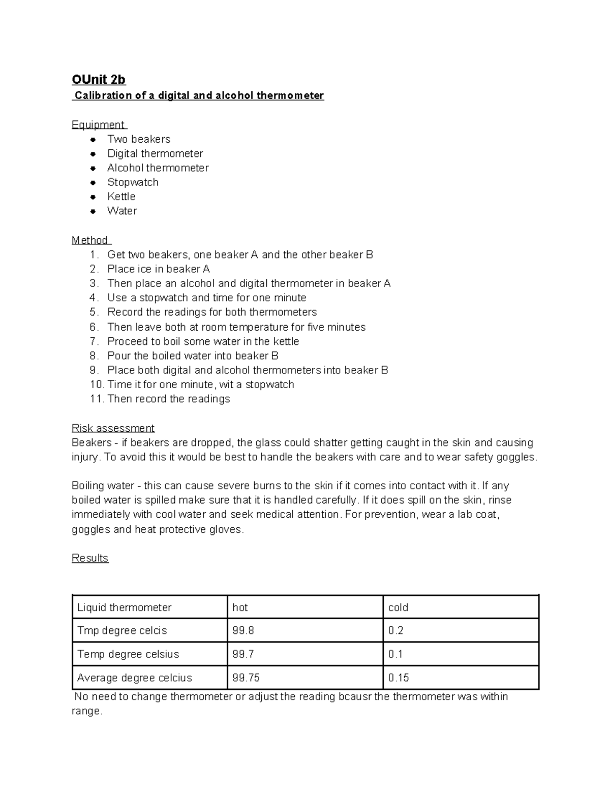 Science Unit 2B - OUnit 2b Calibration of a digital and alcohol ...