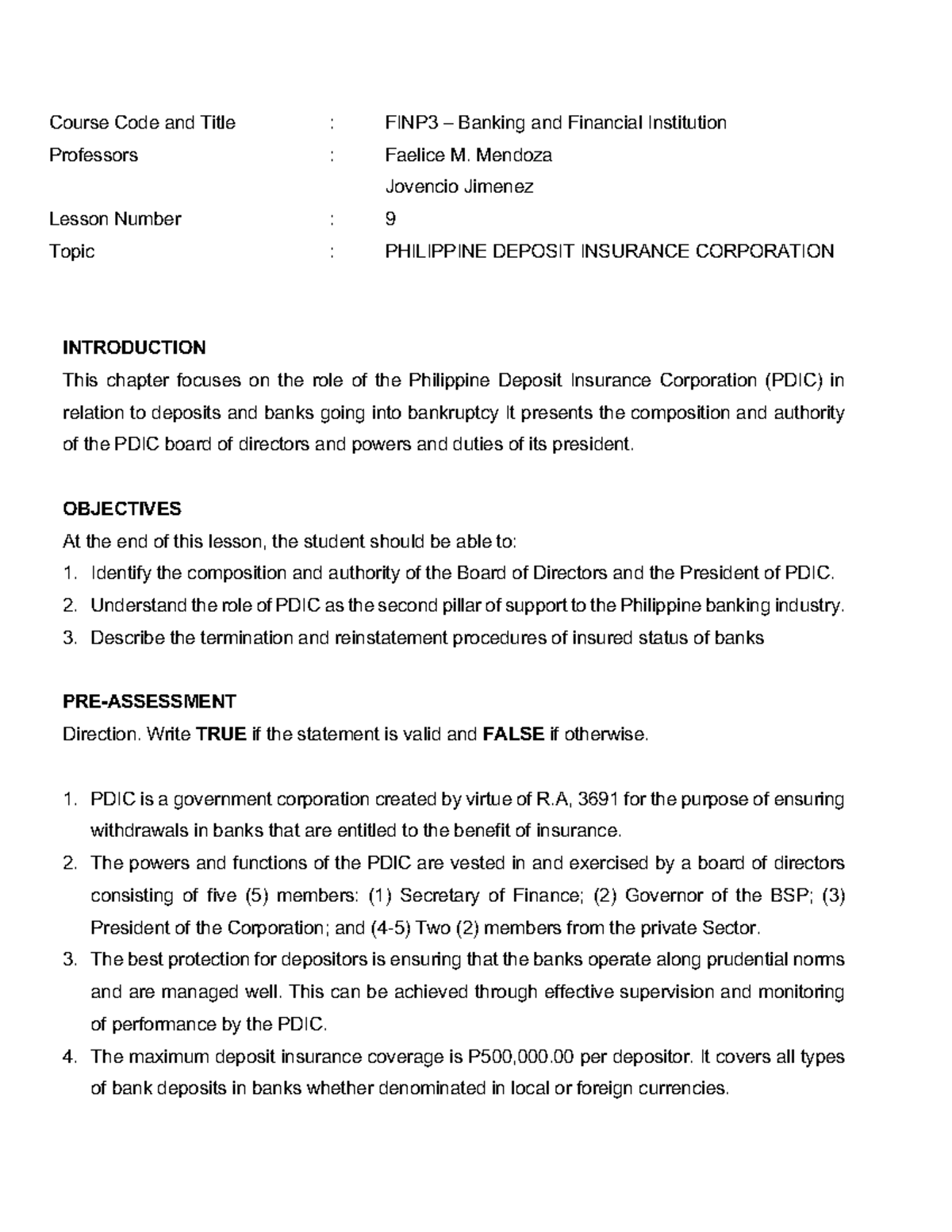 Lesson-9-PDIC financial analysis banking - Course Code and Title ...