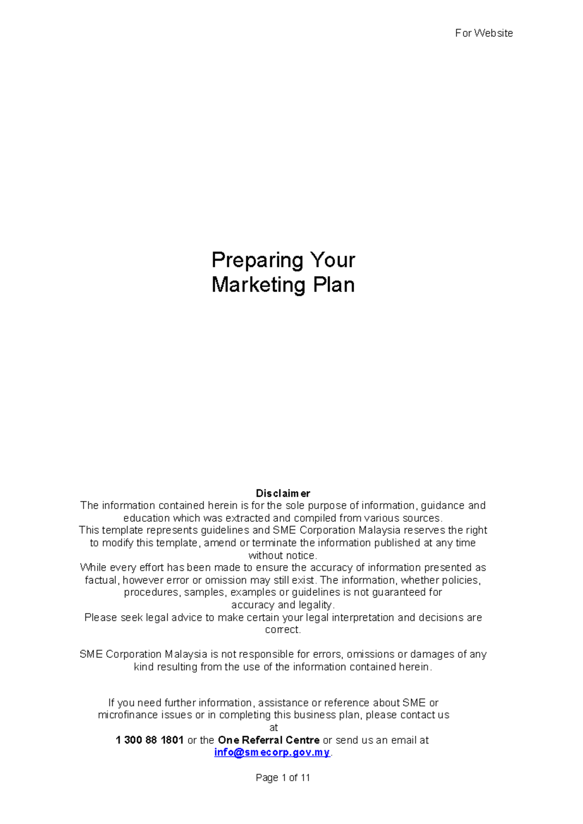 Marketing plan template - Preparing Your Marketing Plan Disclaimer The ...