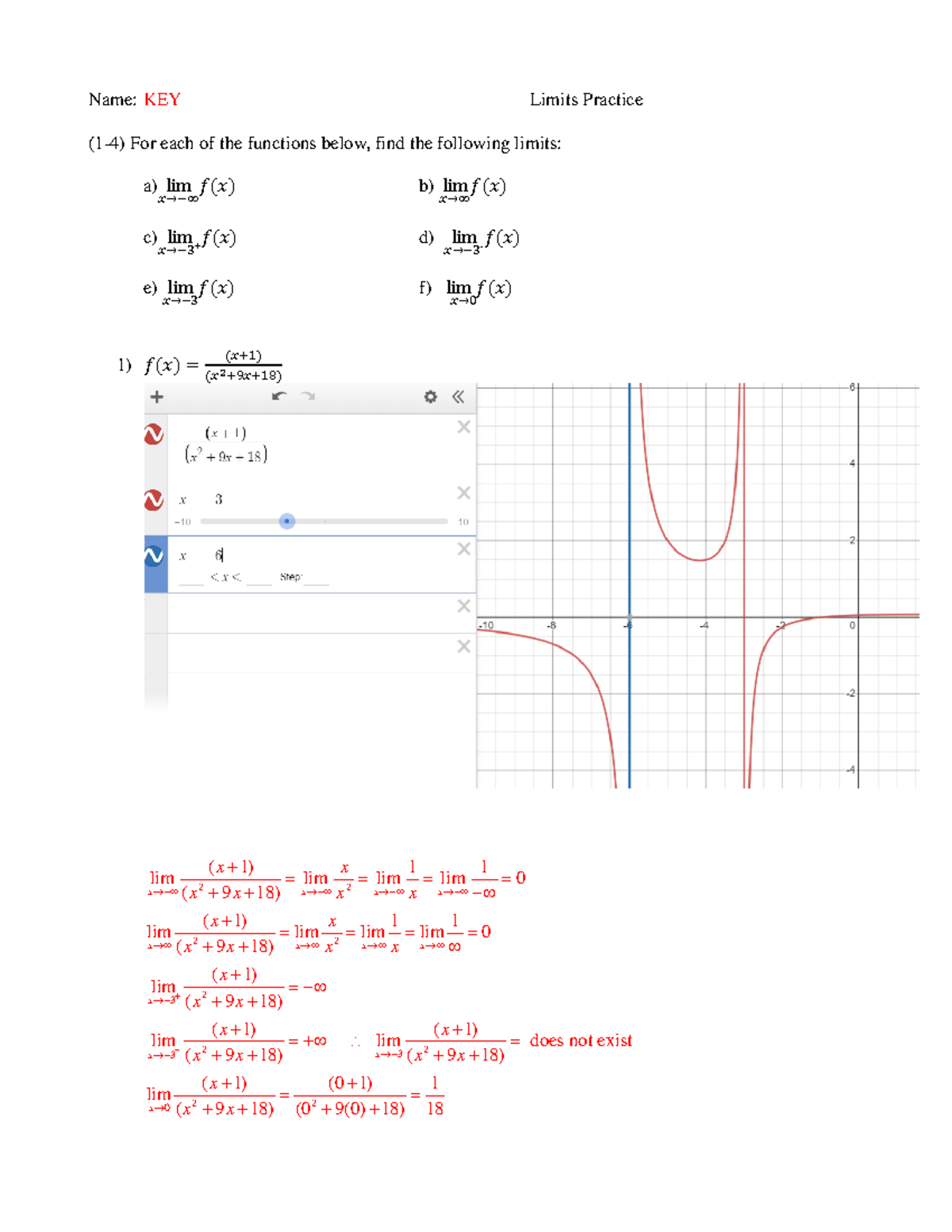 Limits practice - KEY - Name: KEY Limits Practice (1-4) For each of the ...