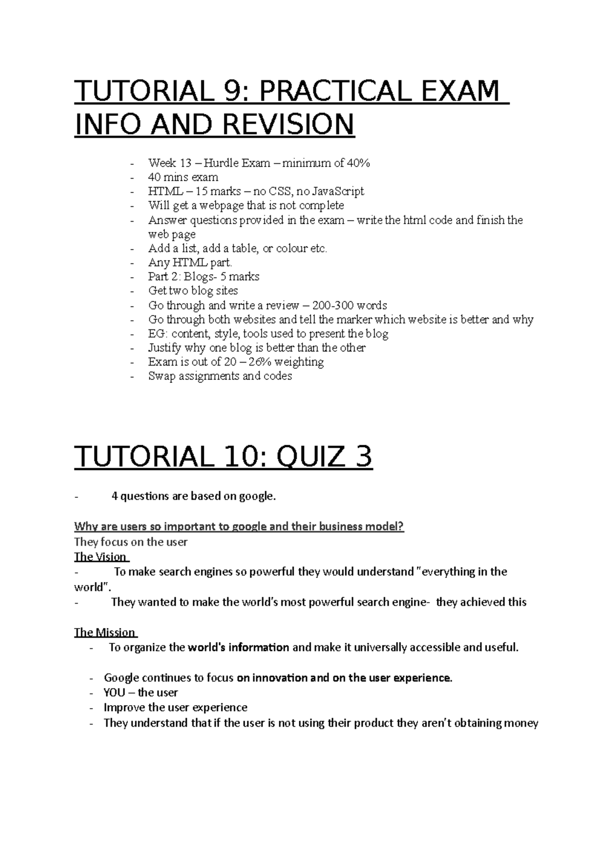 Tutorial 9 and 10 - TUTORIAL 9: PRACTICAL EXAM INFO AND REVISION - Week ...