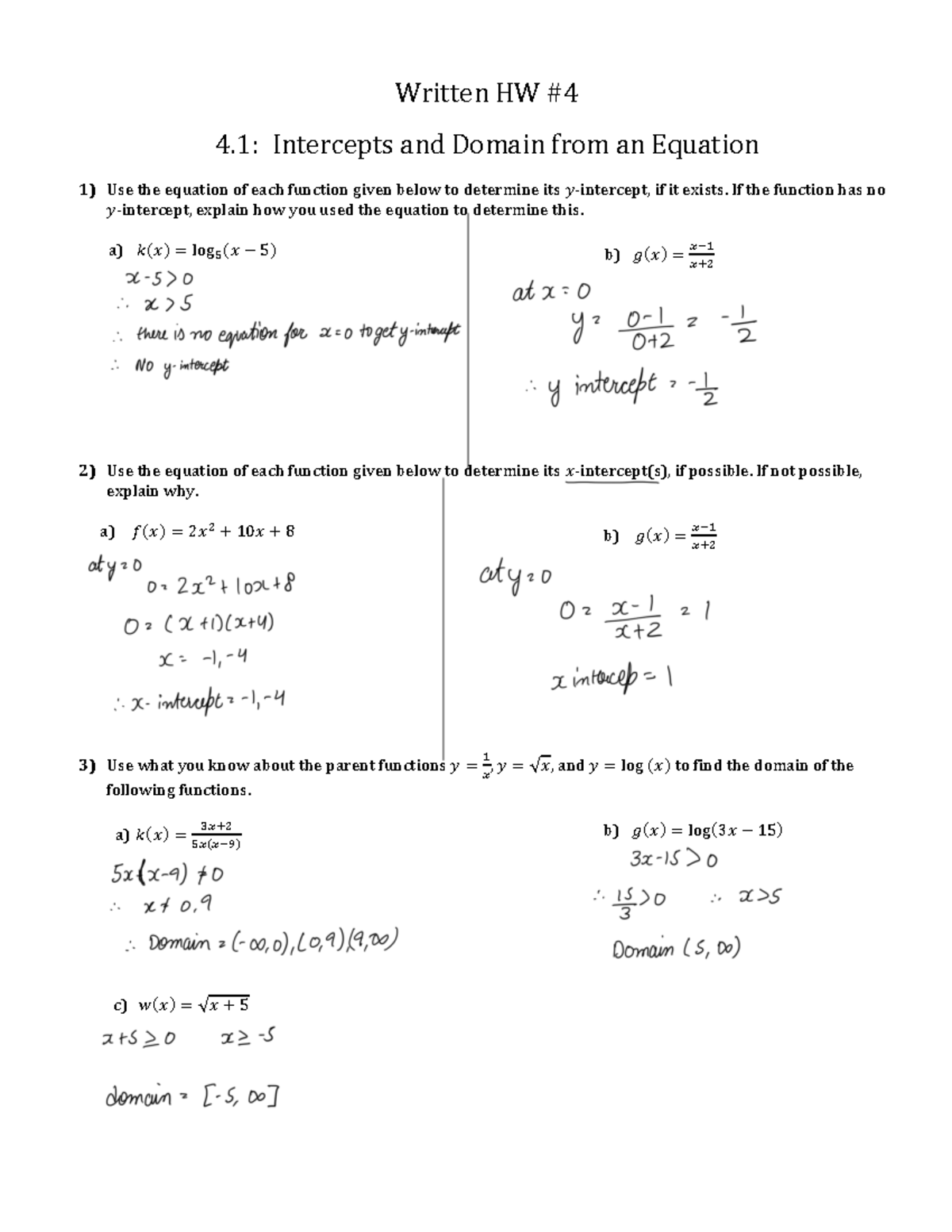 111 Written HW 4 - Homework for week 4 - Written HW 4: Intercepts and ...