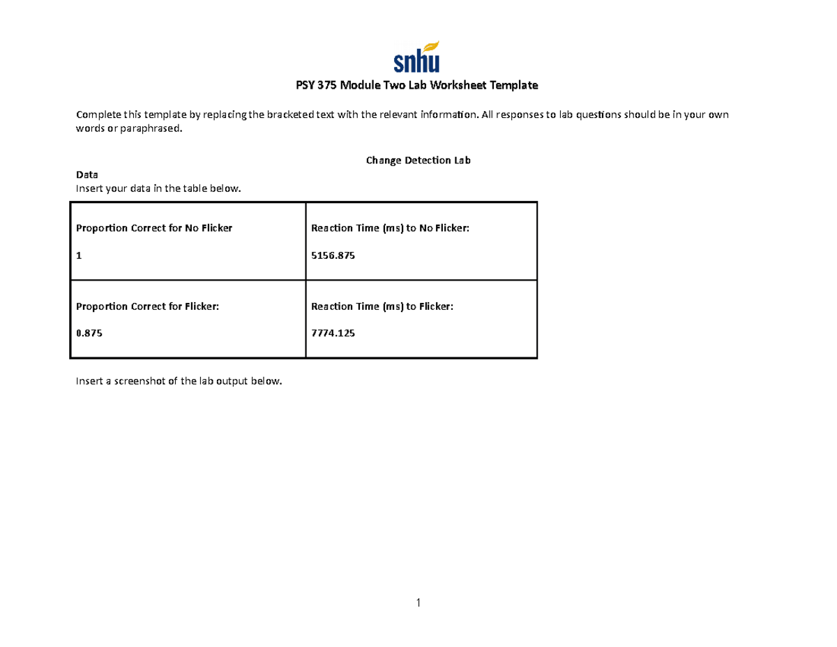 PSY 375 Module Two Lab Worksheet redo - All responses to lab questions ...