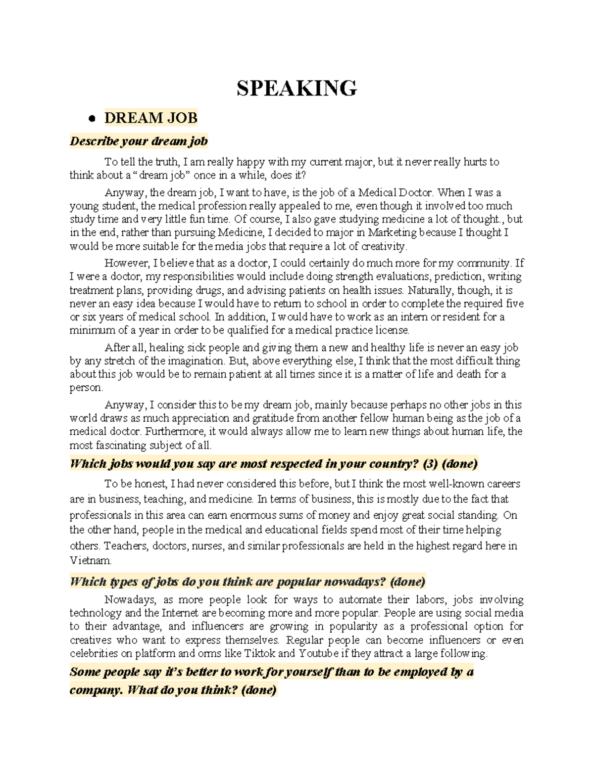 Speaking-2 - SPEAKING DREAM JOB Describe your dream job To tell the ...