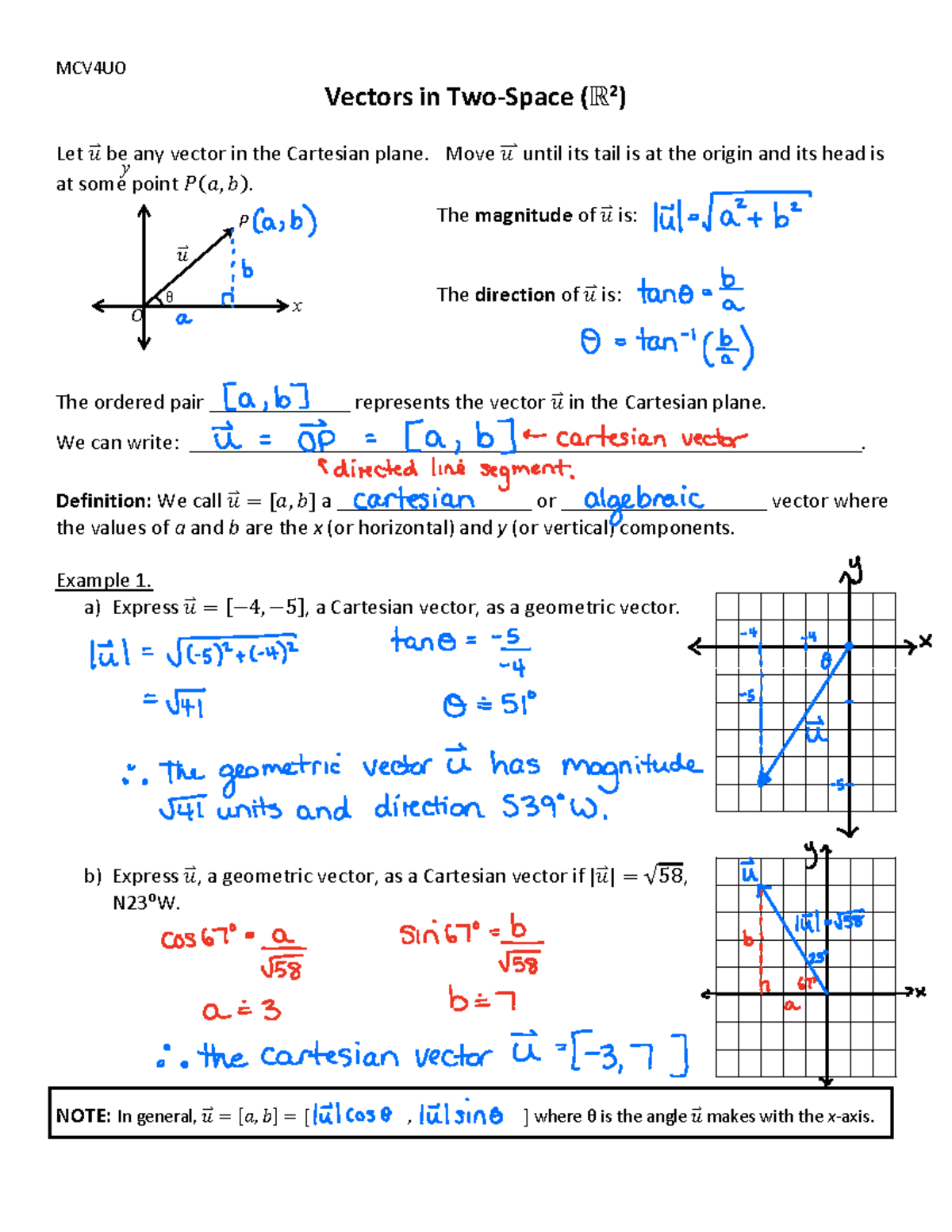 2.1 Algebraic Vectors in Two Space Lesson Solutions - MCV4UO Vectors in ...