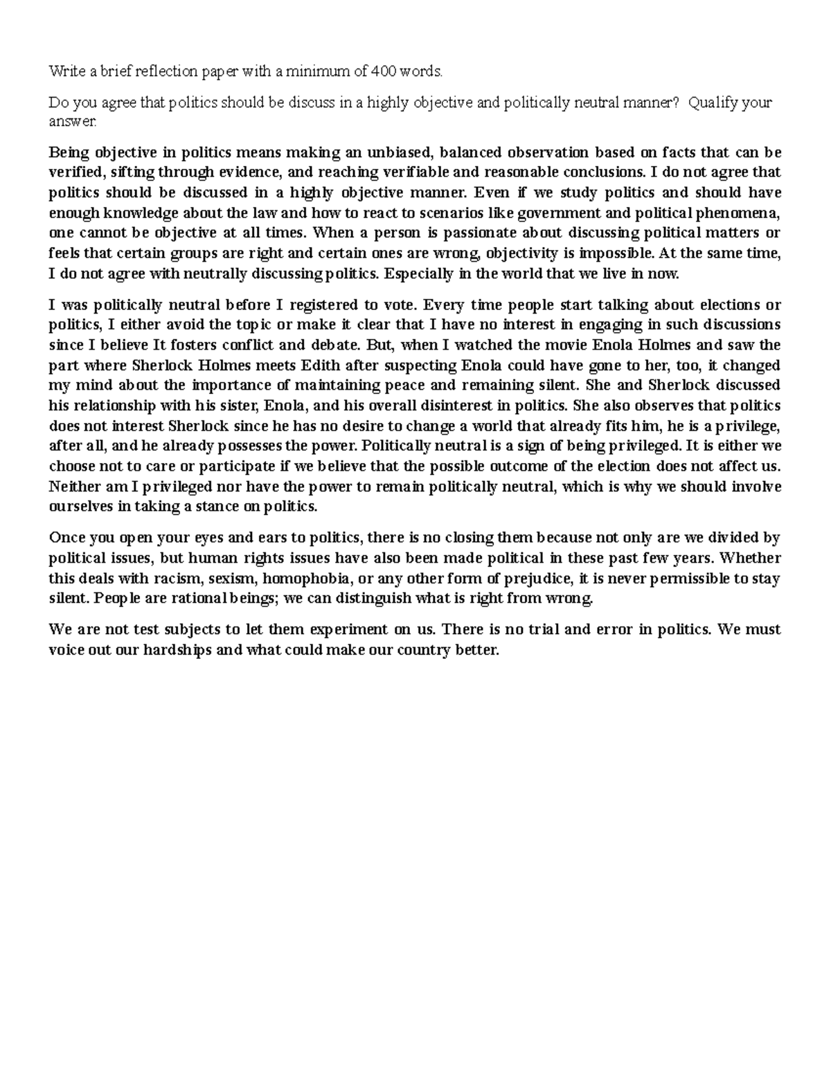 Activity 1 - Write a brief reflection paper with a minimum of 400 words ...