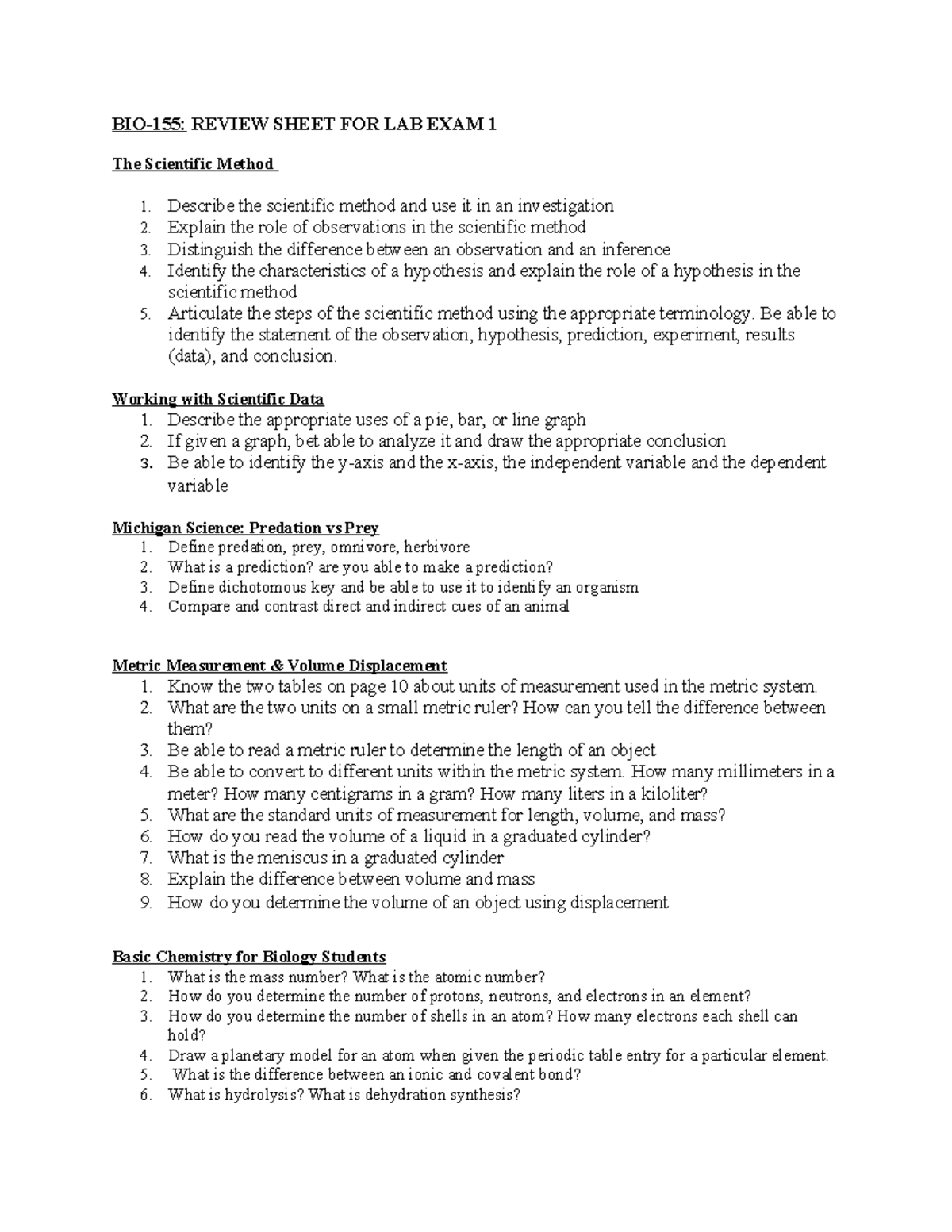 Lab Exam 1 Study guide Fall 2024 - BIO-155: REVIEW SHEET FOR LAB EXAM 1 ...