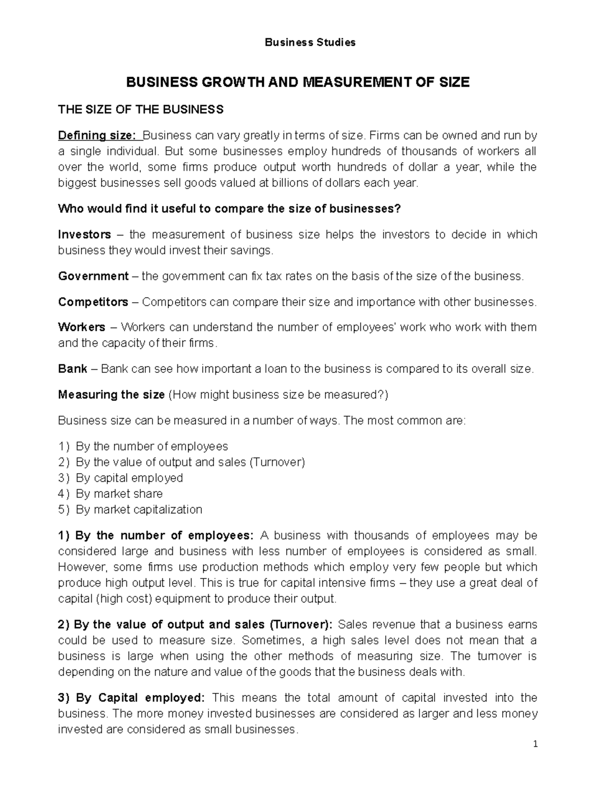 Business Growth AND Measurement OF SIZE - BUSINESS GROWTH AND ...