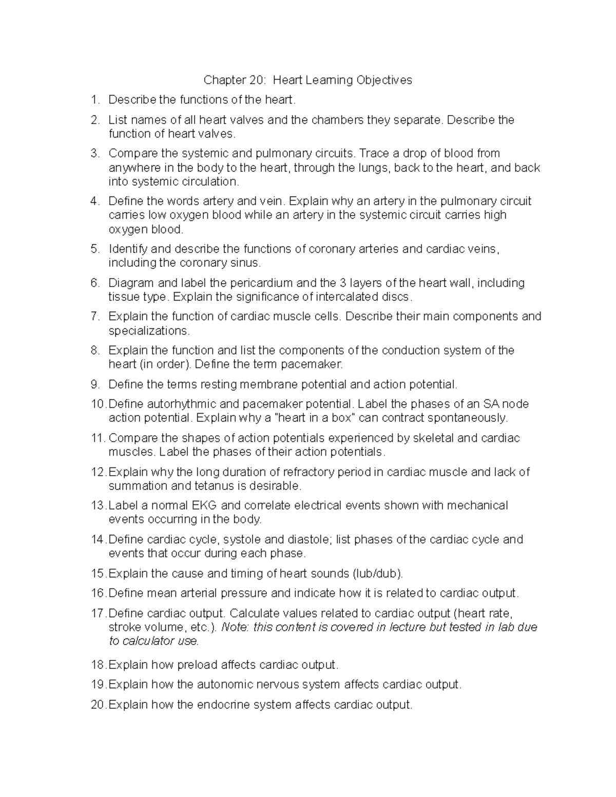 Chapter 20 Heart Learning Objectives - Chapter 20: Heart Learning ...