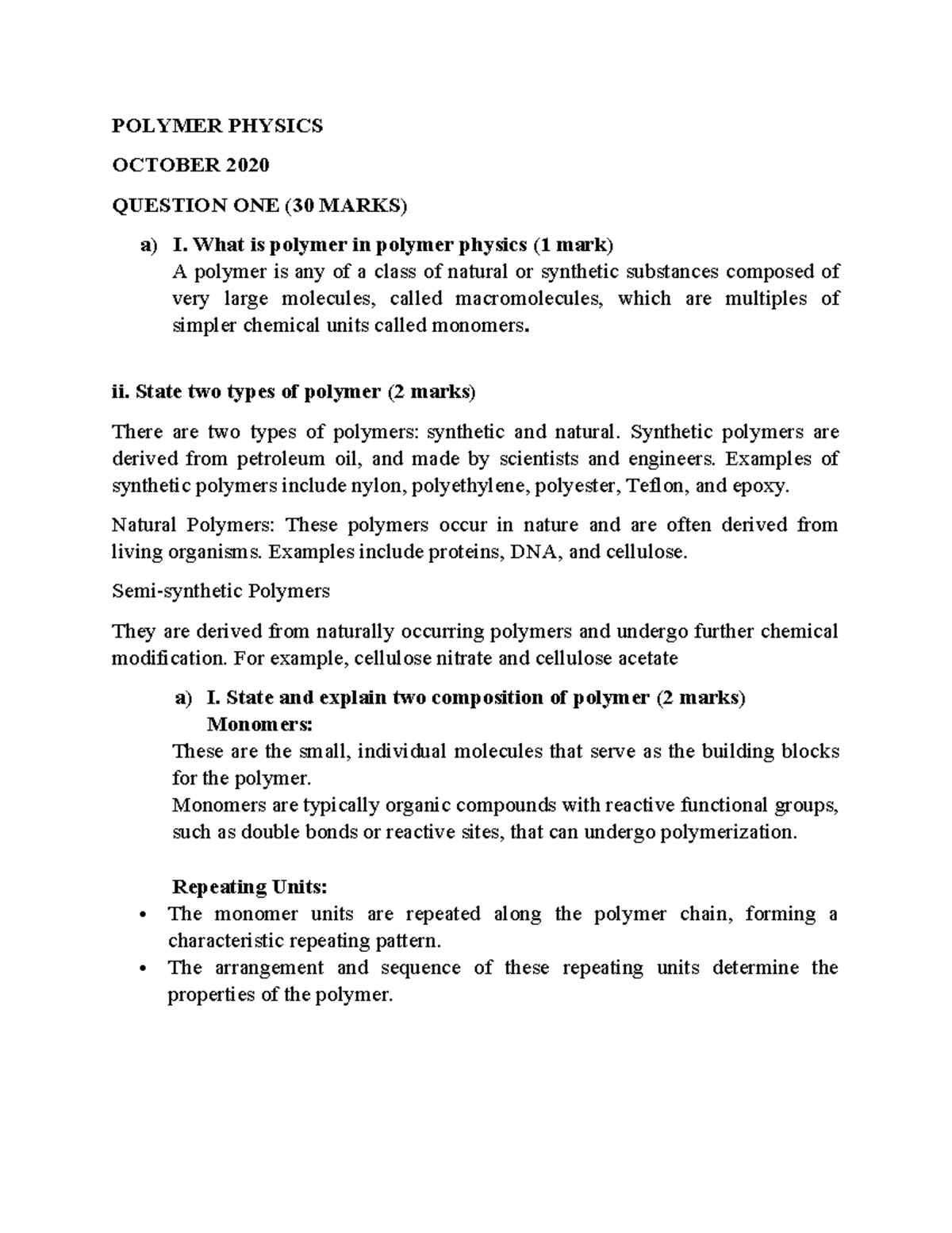 Polymer Physics 1 - POLYMER PHYSICS OCTOBER 2020 QUESTION ONE (30 MARKS ...
