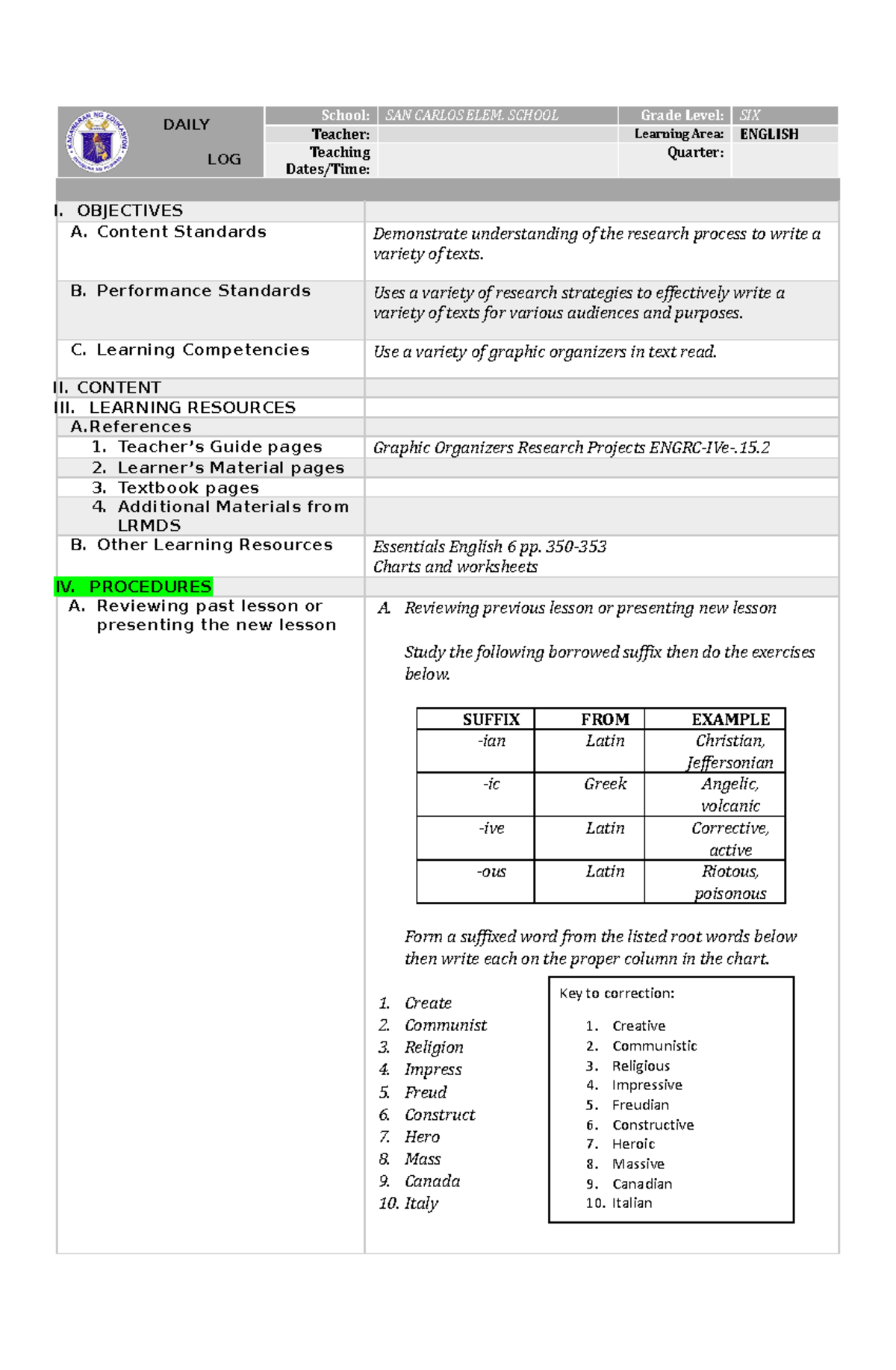 English 6 COT Lesson Plan DAILY LESSON LOG School SAN CARLOS ELEM