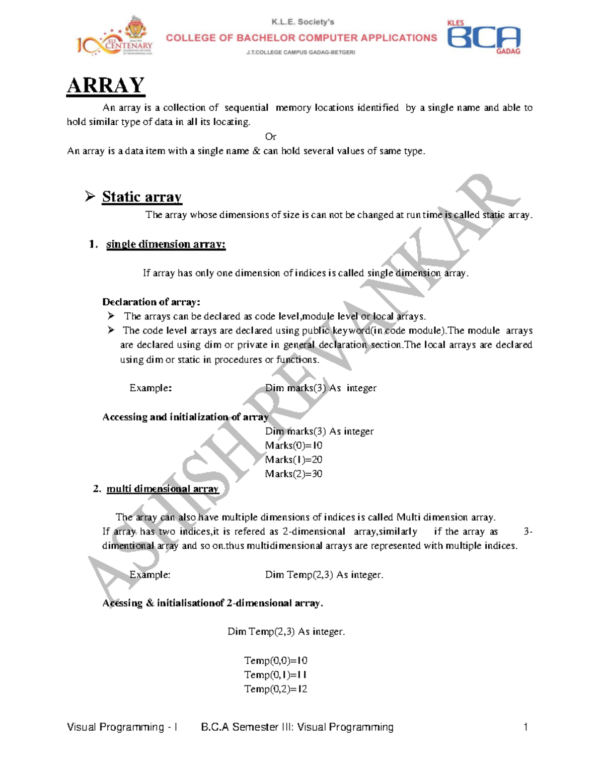 Vb Unit Iii Part Ii Lecture Notes Array An Array Is A Collection Of Sequential Memory