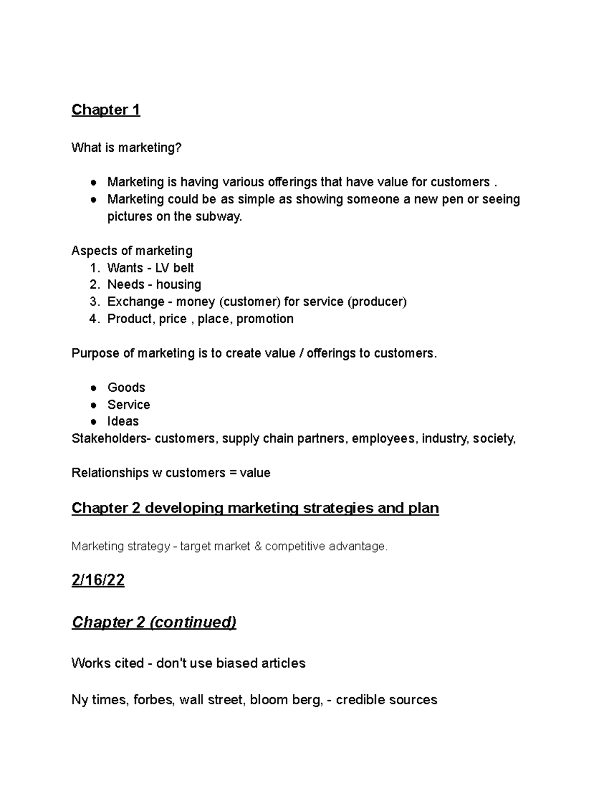 MKT 3000 - MKT CHAPTER NOTES - Chapter 1 What is marketing? Marketing ...