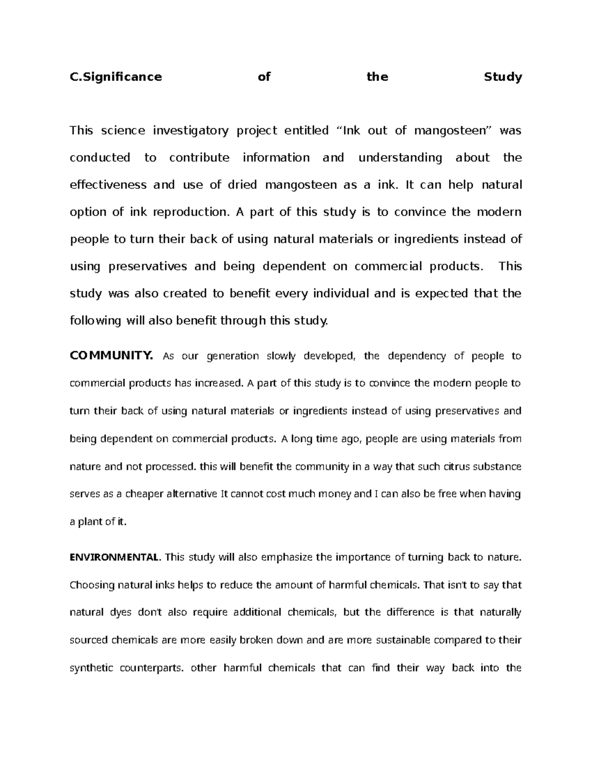 Significance of the study - C of the Study This science investigatory ...