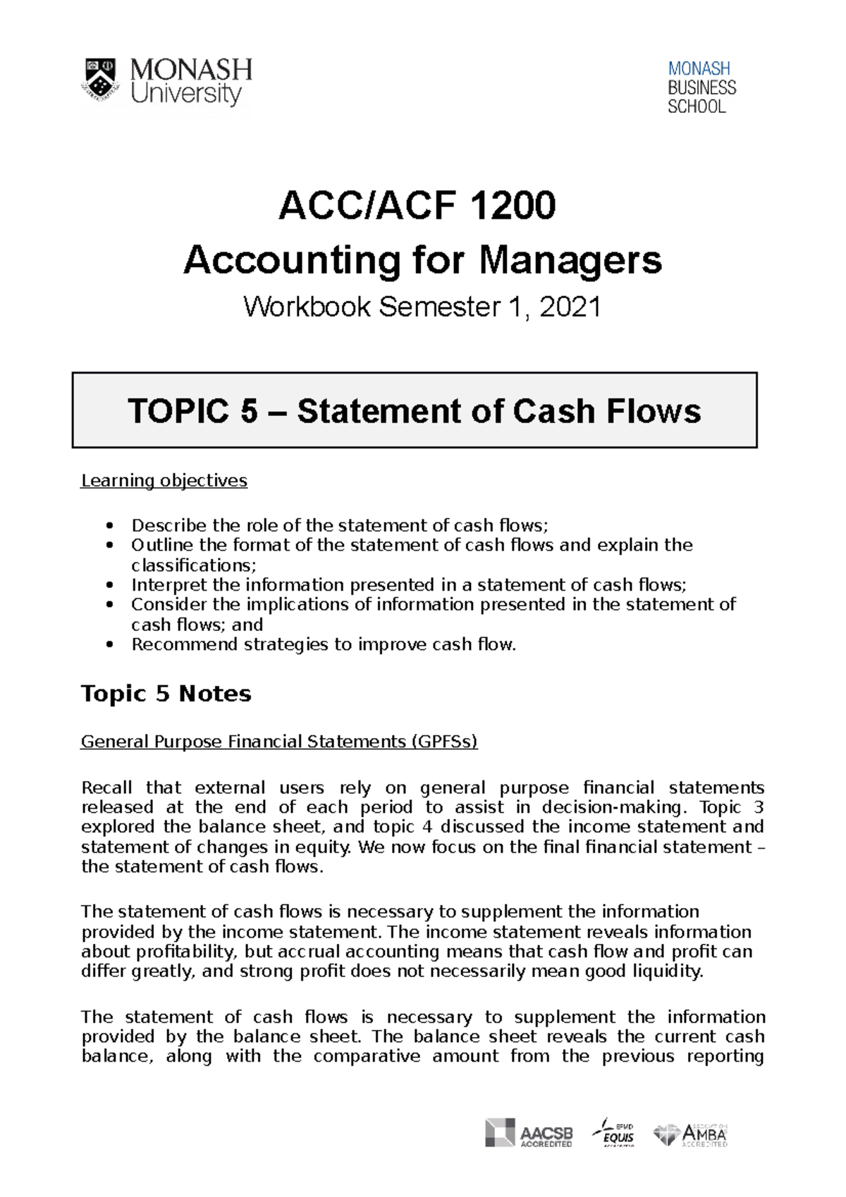 ACC ACF1200 Workbook Topic 5 - ACC/ACF 1200 Accounting for Managers ...