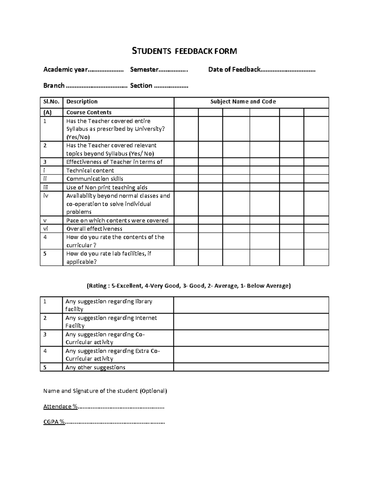 Sample Student Feedback Form Template - STUDENTS FEEDBACK FORM Academic ...