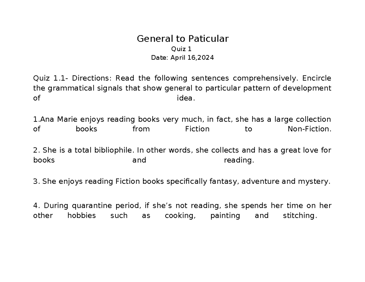 General to Paticular - note - General to Paticular Quiz 1 Date: April ...