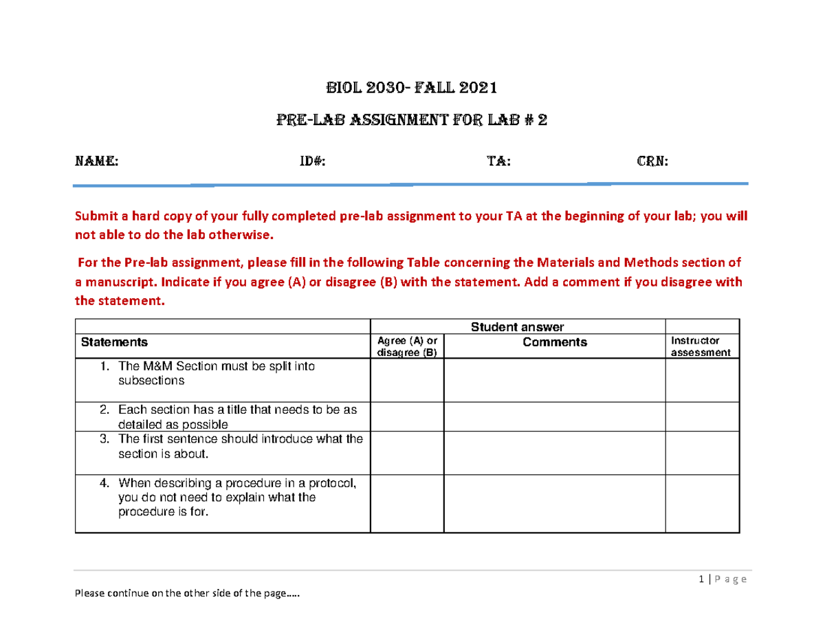 Biol 2030- Lab 2- Pre-Lab Assignment- F2021 - BIOL2030 - Ontario Tech ...