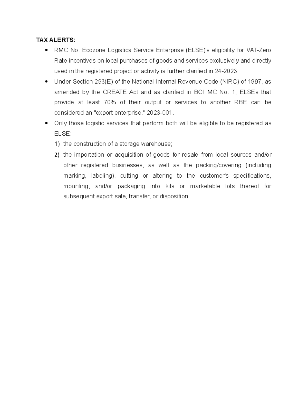 Tax Alerts 2023 - notes for tax - TAX ALERTS: RMC No. Ecozone Logistics ...