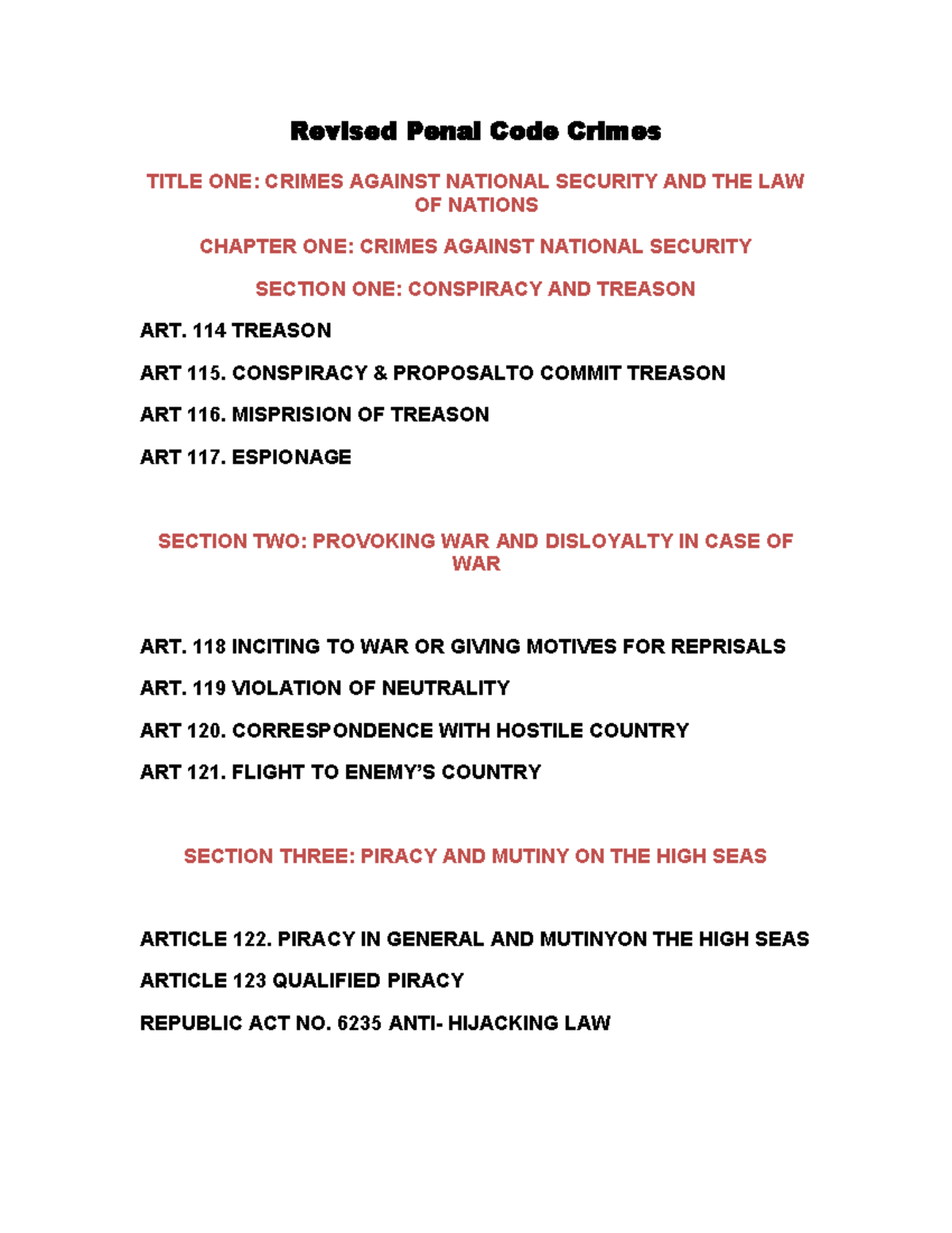 RPC Crime List of crime - Revised Penal Code Crimes TITLE ONE: CRIMES ...