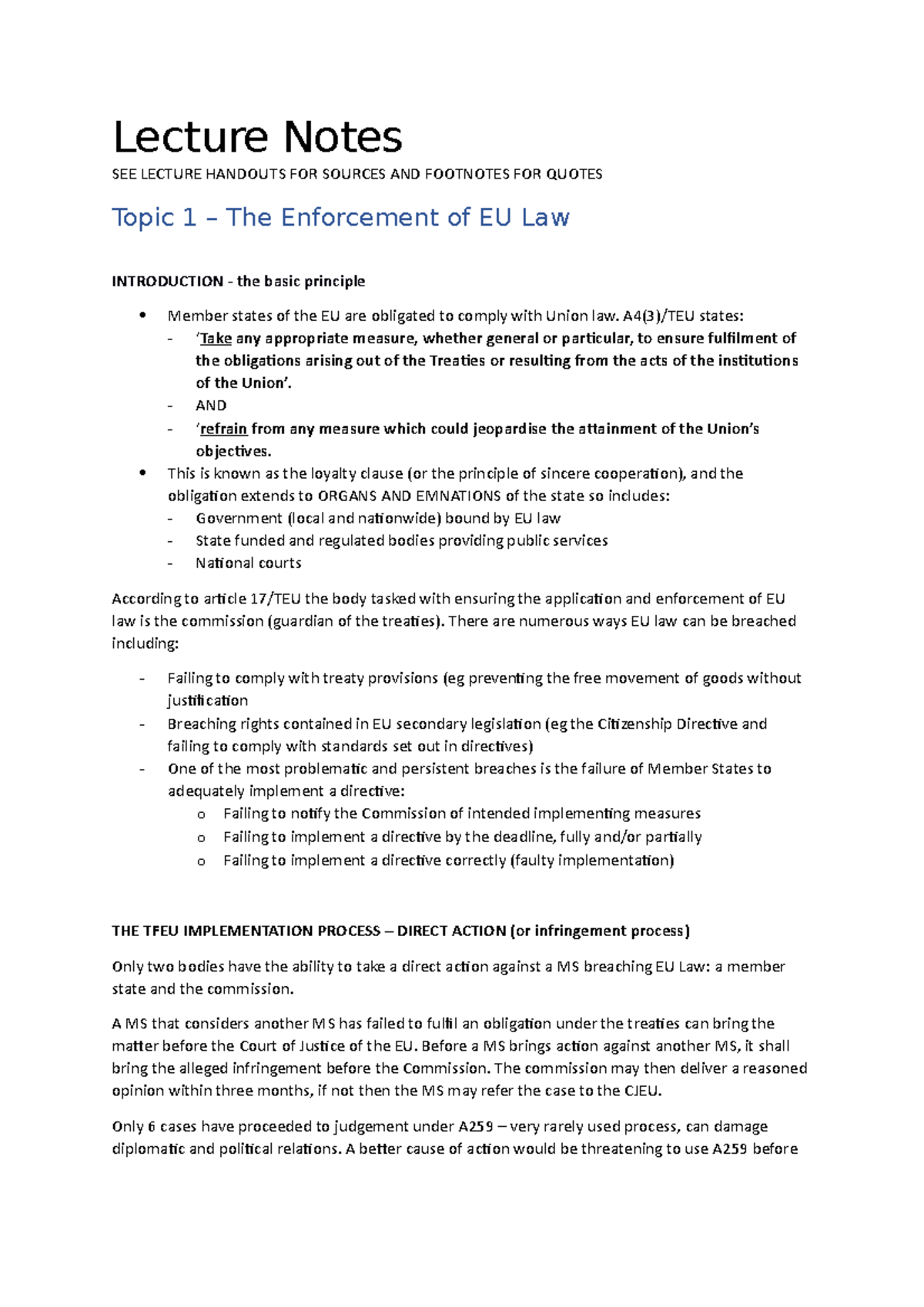 Eu Law Lecture Notes Lecture Notes See Lecture Handouts For Sources 6339