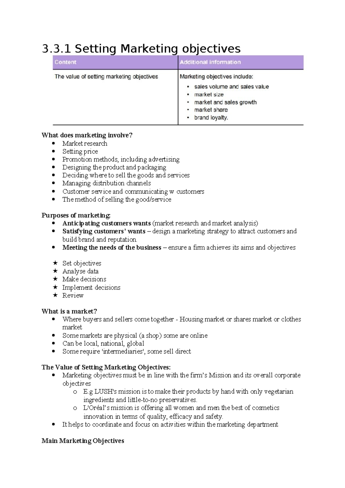 3.1 marketing unit - 3.3 Setting Marketing objectives What does ...