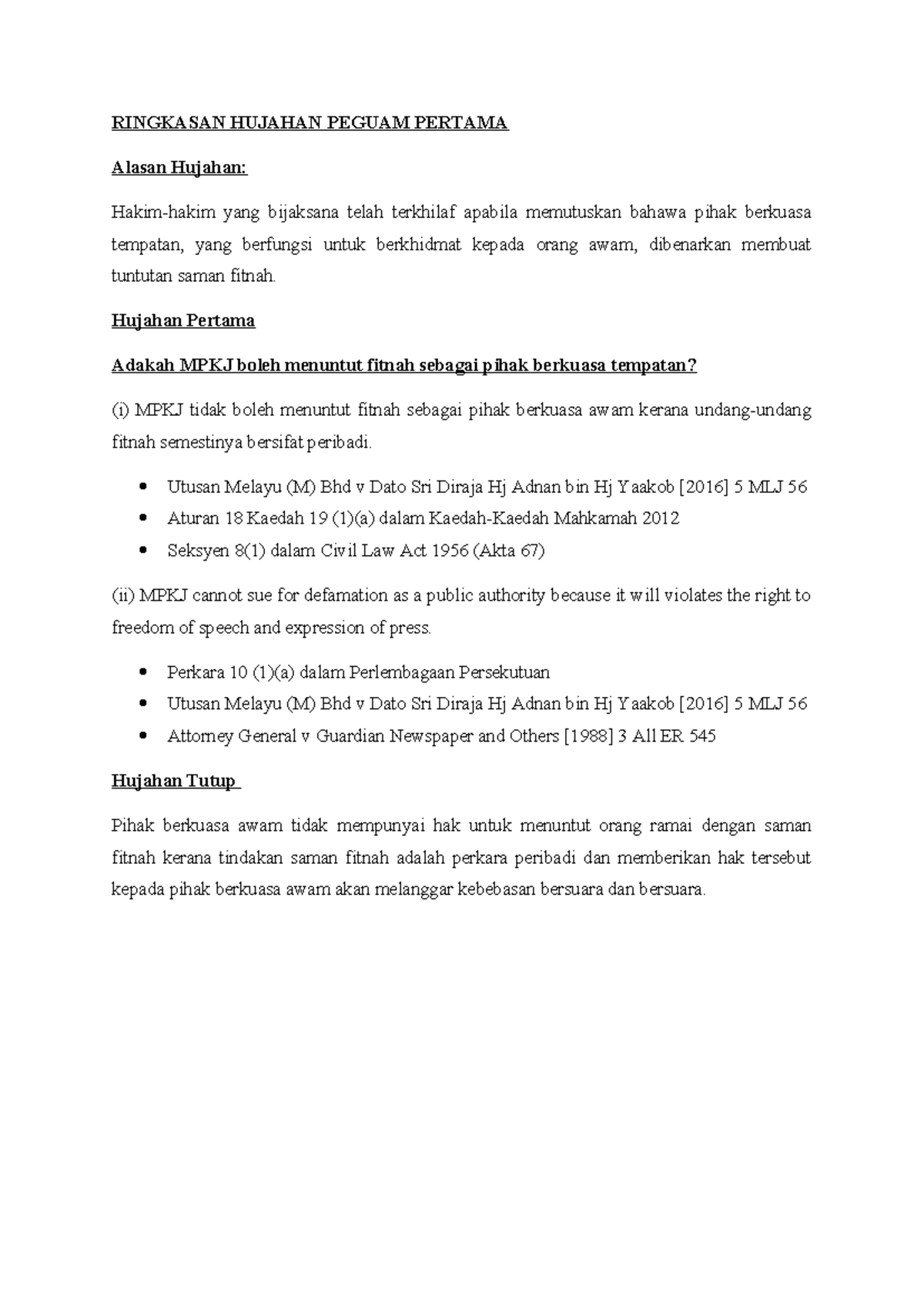 Ringkasan Hujahan Peguam Pertama - RINGKASAN HUJAHAN PEGUAM PERTAMA ...