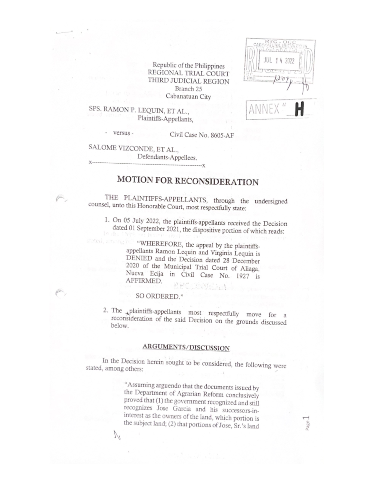 Annex H - Motion For Reconsideration - Remedial Law Review I - Studocu