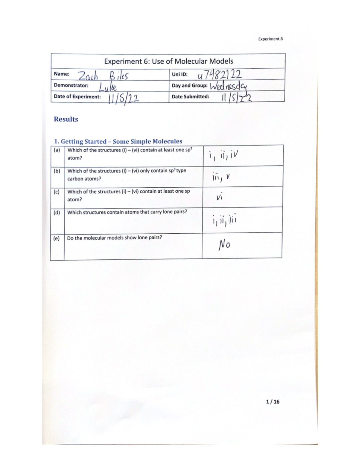 Experiment 6 Lab - Use of molecular models - Experiment 6 Experiment 6 ...