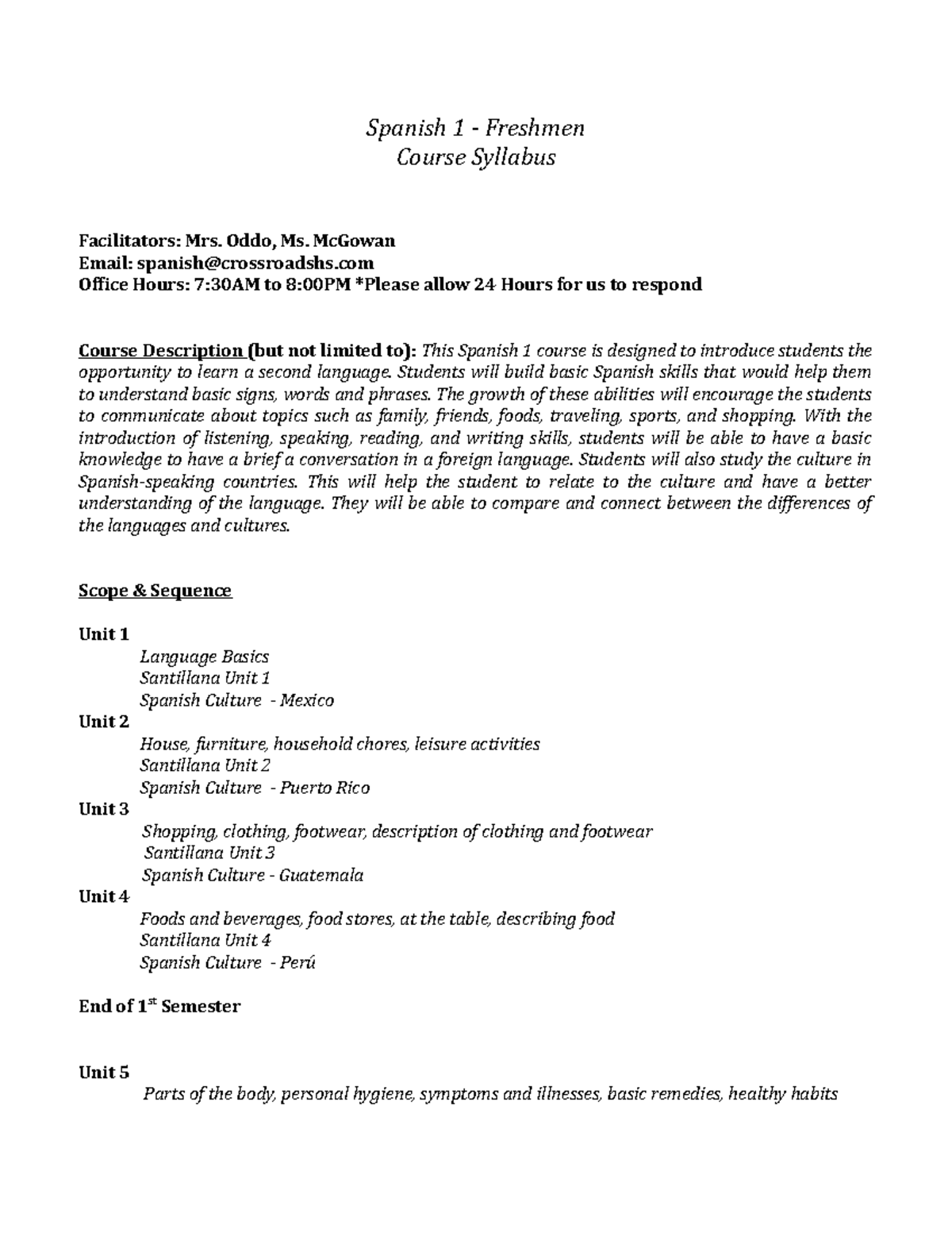 Spanish 1 Syllabus - Spanish 1 - Freshmen Course Syllabus Facilitators ...