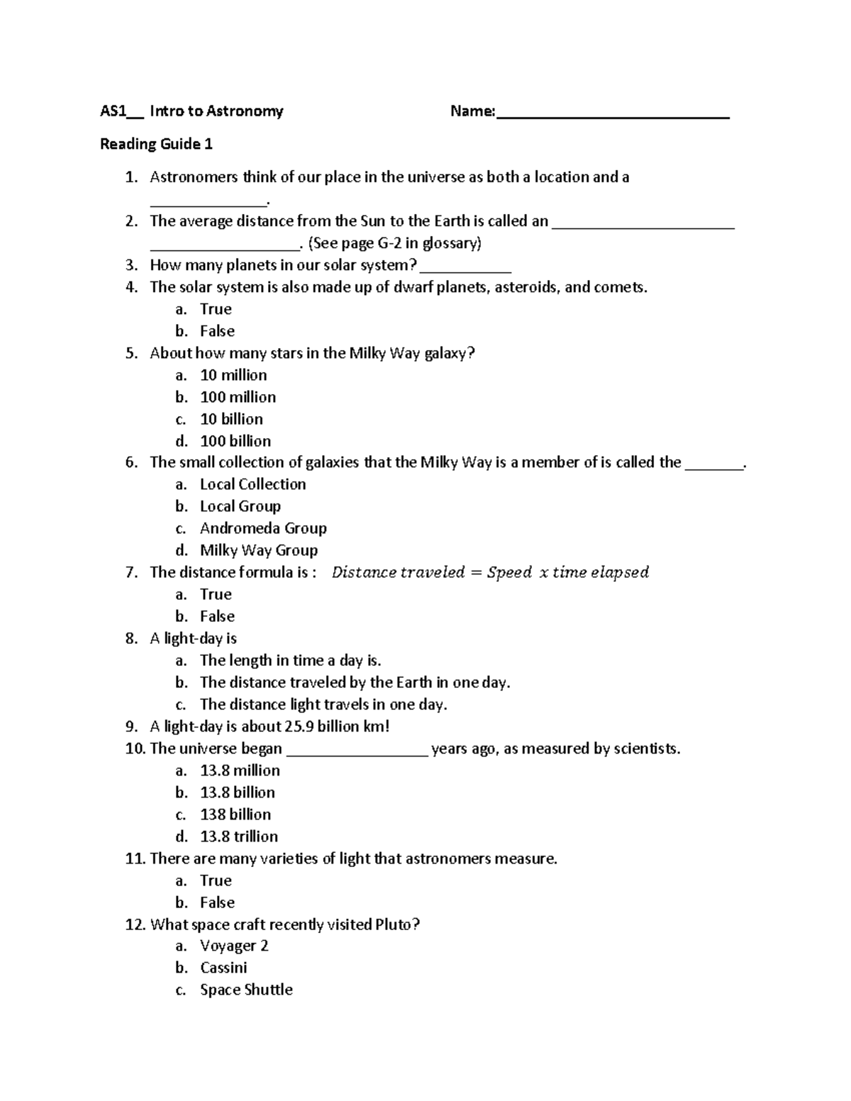 Reading Guide 11 Worksheet Assignment AS1 Intro To Astronomy Name