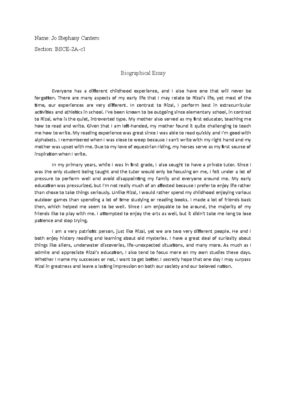 Biographical Essay Cantero - Name: Jo Stephany Cantero Section: BSCE-2A ...