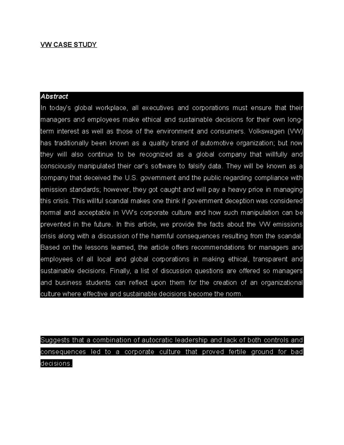 VW CASE Study - VW CASE STUDY Abstract In today’s global workplace, all ...