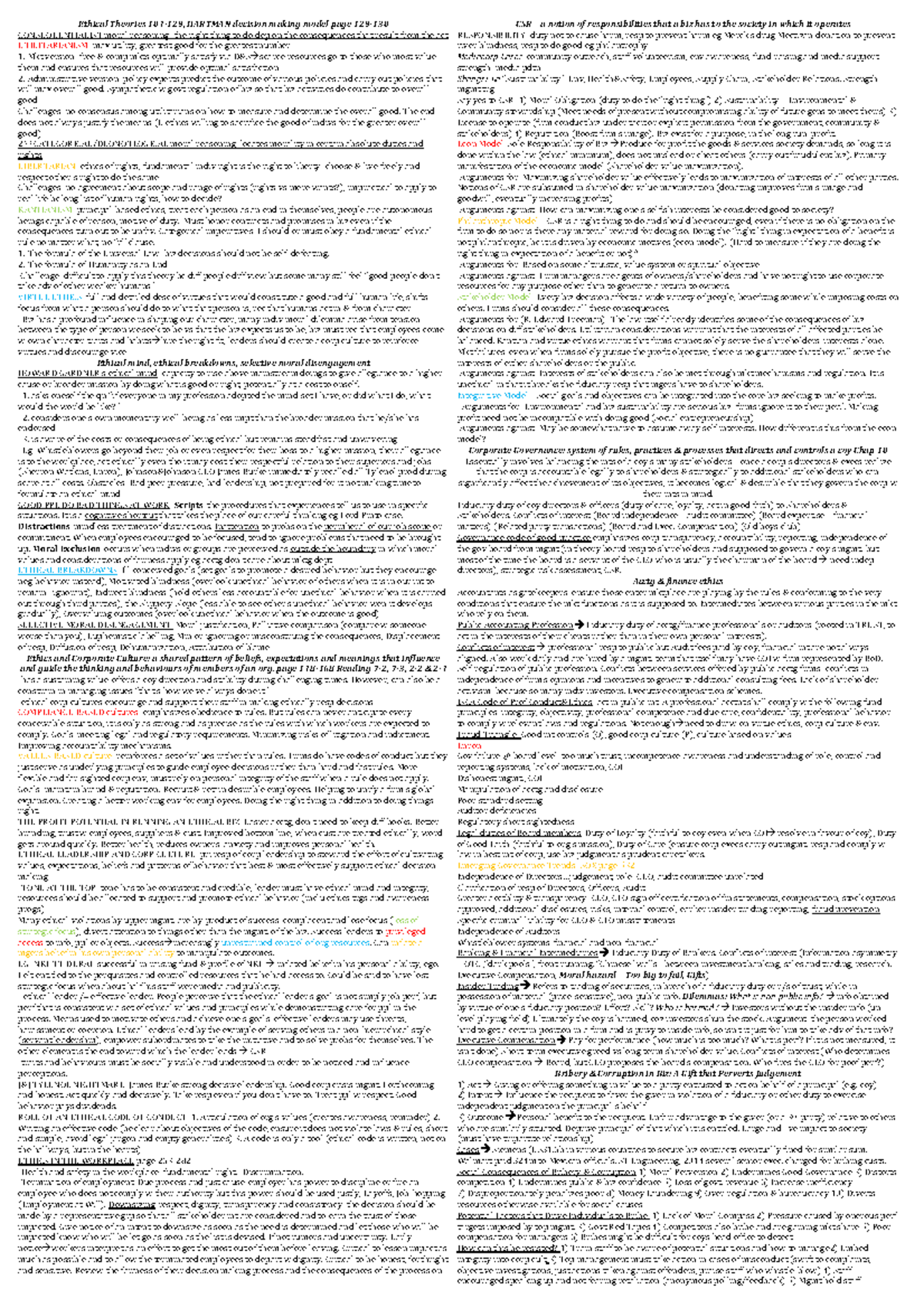 ACCT321 Ethics Cheatsheet - Ethical Theories HARTMAN decision making model page CONSEQUENTIALIST ...