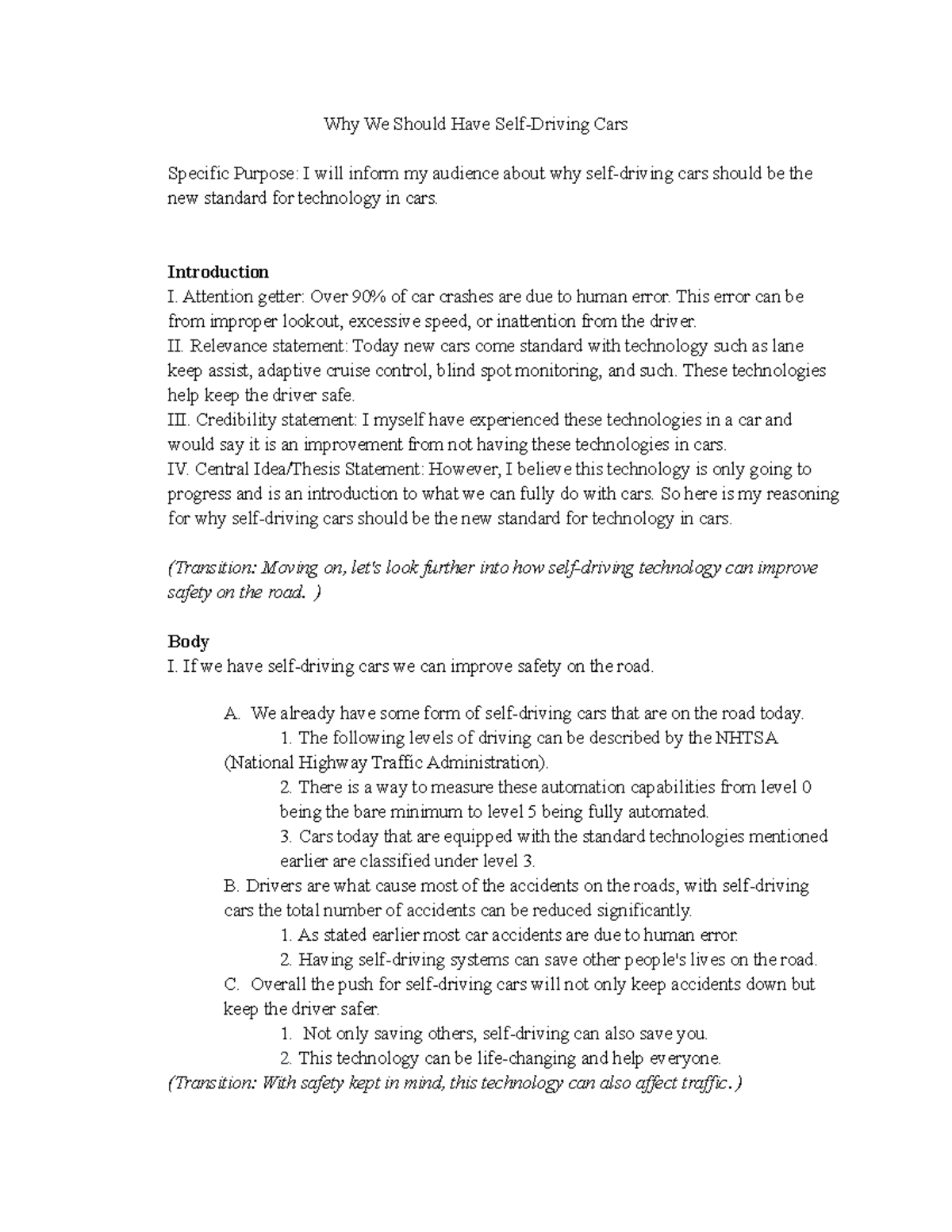 Persuasive Speech Outline - Why We Should Have Self-Driving Cars ...