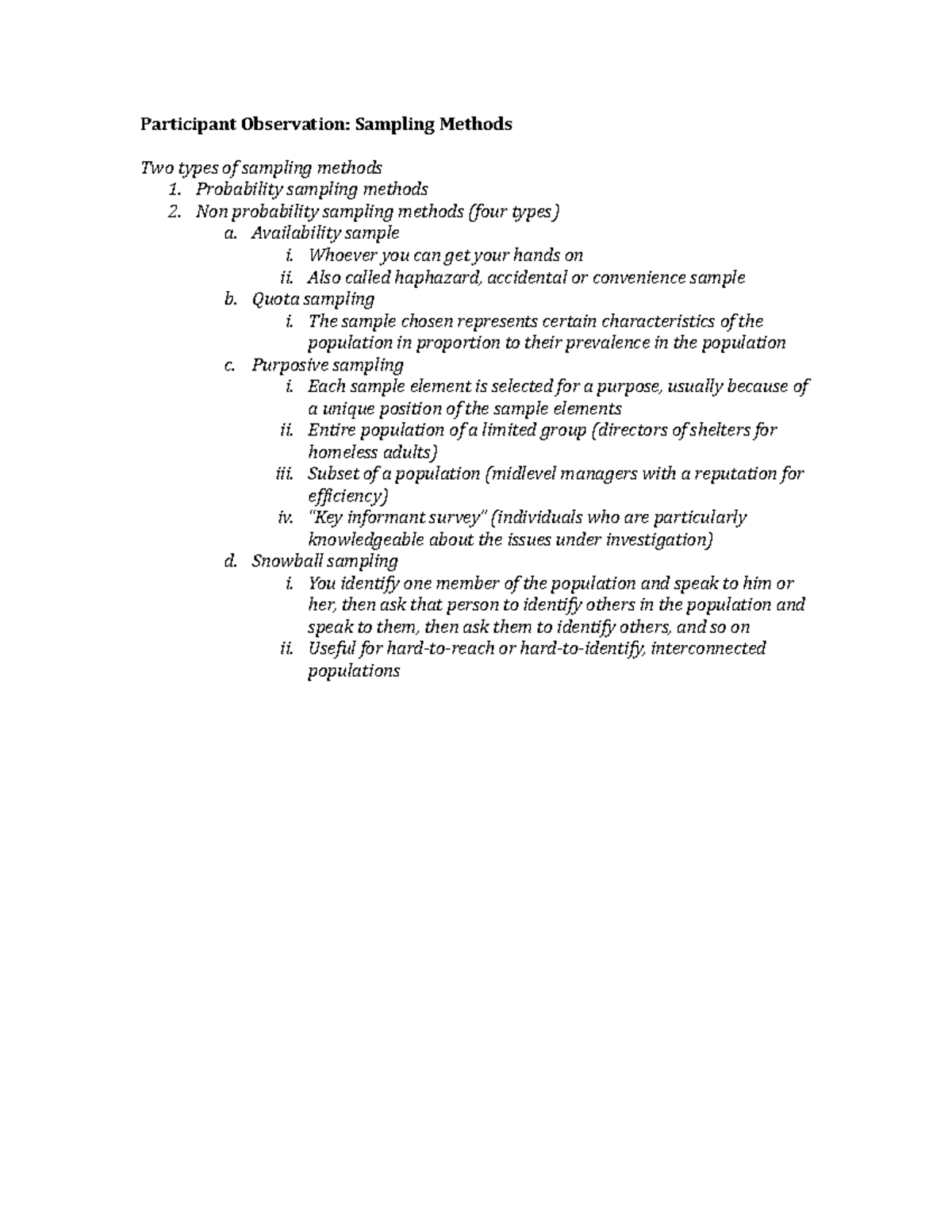 Participant Observation sampling - Probability sampling methods 2. Non ...