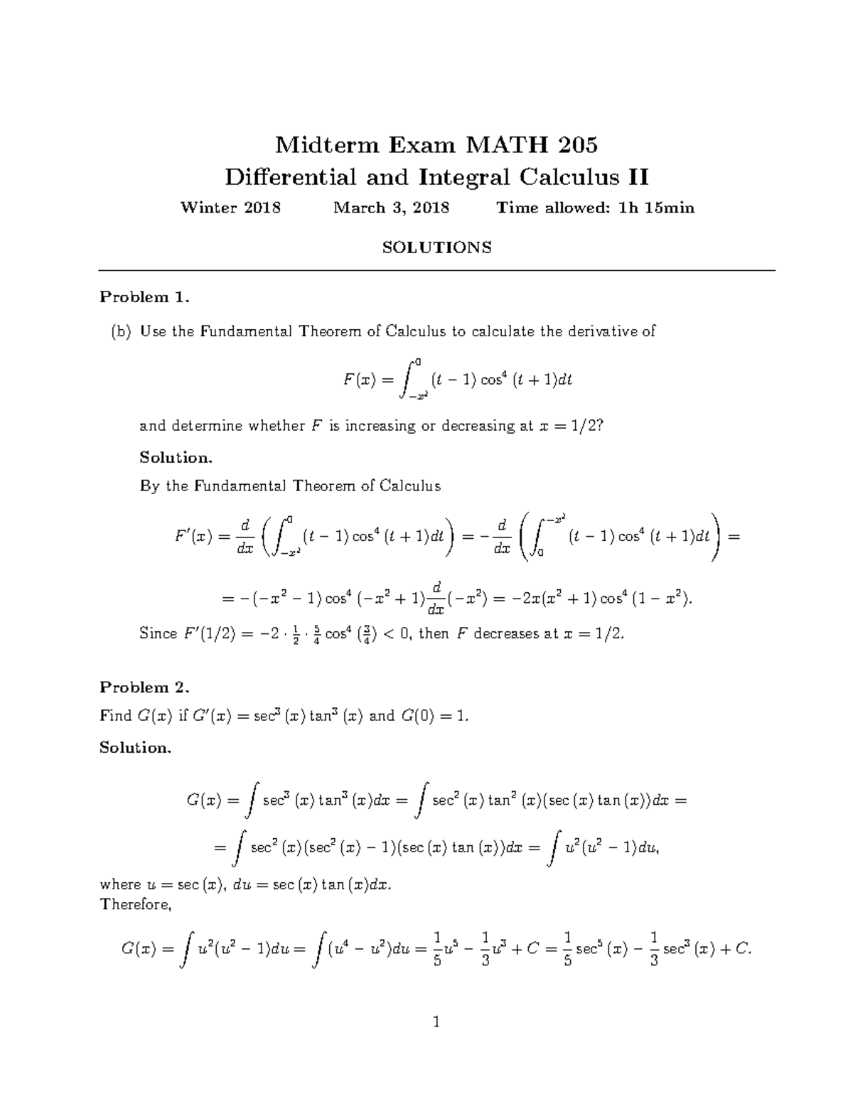 Midterm 3 March 2018, questions and answers - Midterm Exam MATH 205 Differential and Integral ...