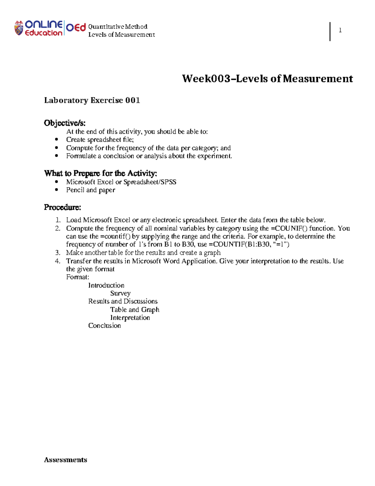 Week003-Lab Ex 001 (revised) - Quantitative Method Levels of Measurement 1 Week003–Levels of ...
