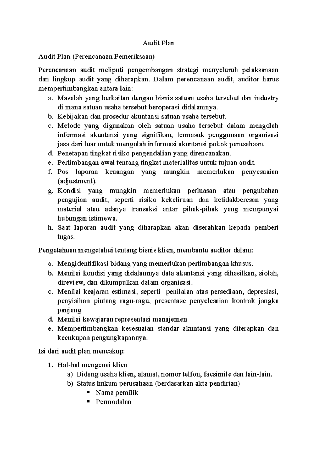 Audit Plan - Audit Plan Audit Plan (Perencanaan Pemeriksaan ...
