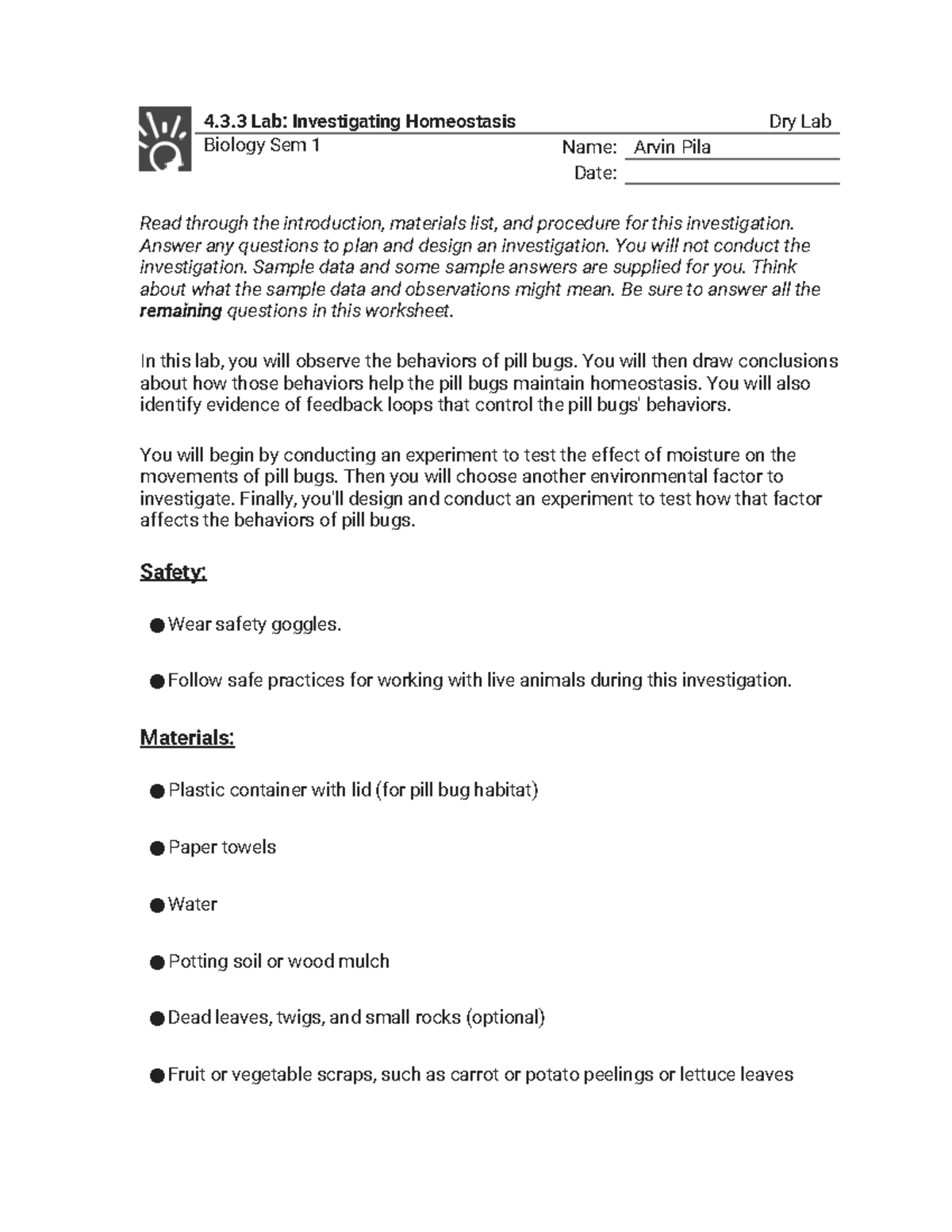 4.3.3 Lab - Investigating Homeostasis (Dry lab) - 4.3 Lab ...