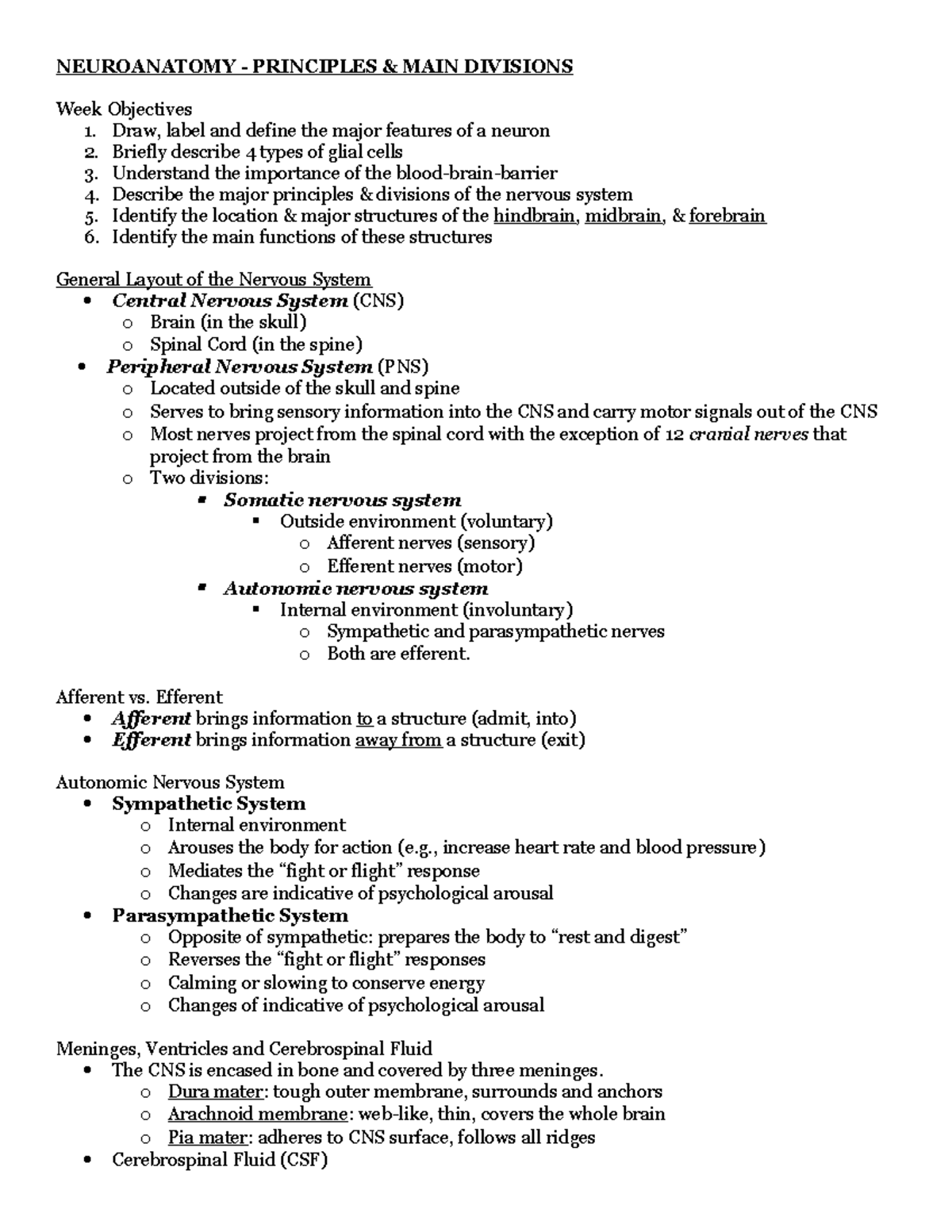 Chapter 3 Neuroanatomy NEUROANATOMY PRINCIPLES MAIN DIVISIONS Week Objectives 1 Draw chapter-3-neuroanatomy-neuroanatomy-principles-main-divisions-week-objectives-1-draw