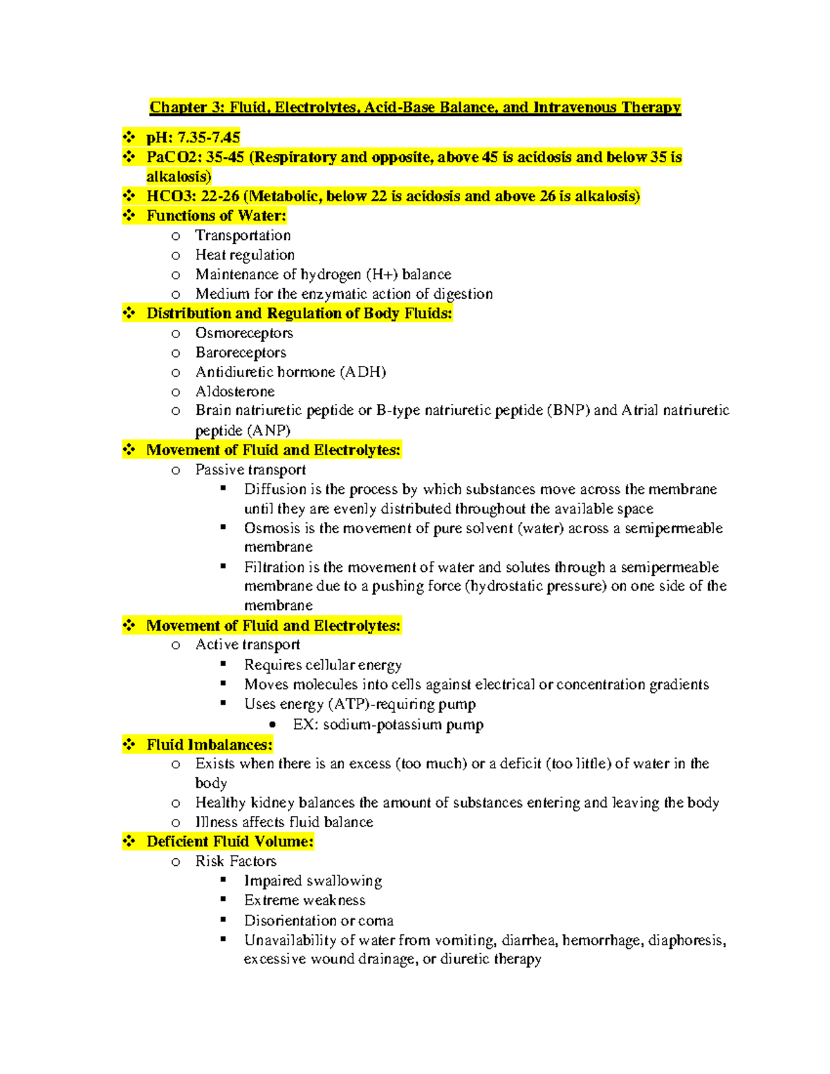Chapter 3 Notes - Chapter 3: Fluid, Electrolytes, Acid-Base Balance ...