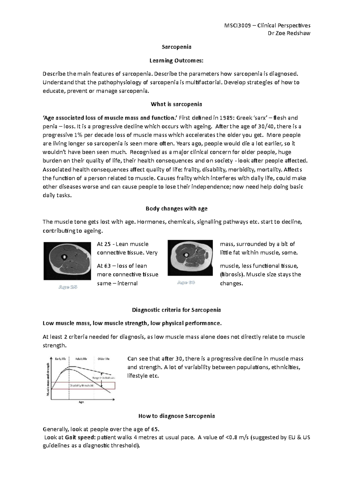 Sarcopenia - Dr Redshaw lecture notes. - Dr Zoe Redshaw Sarcopenia ...