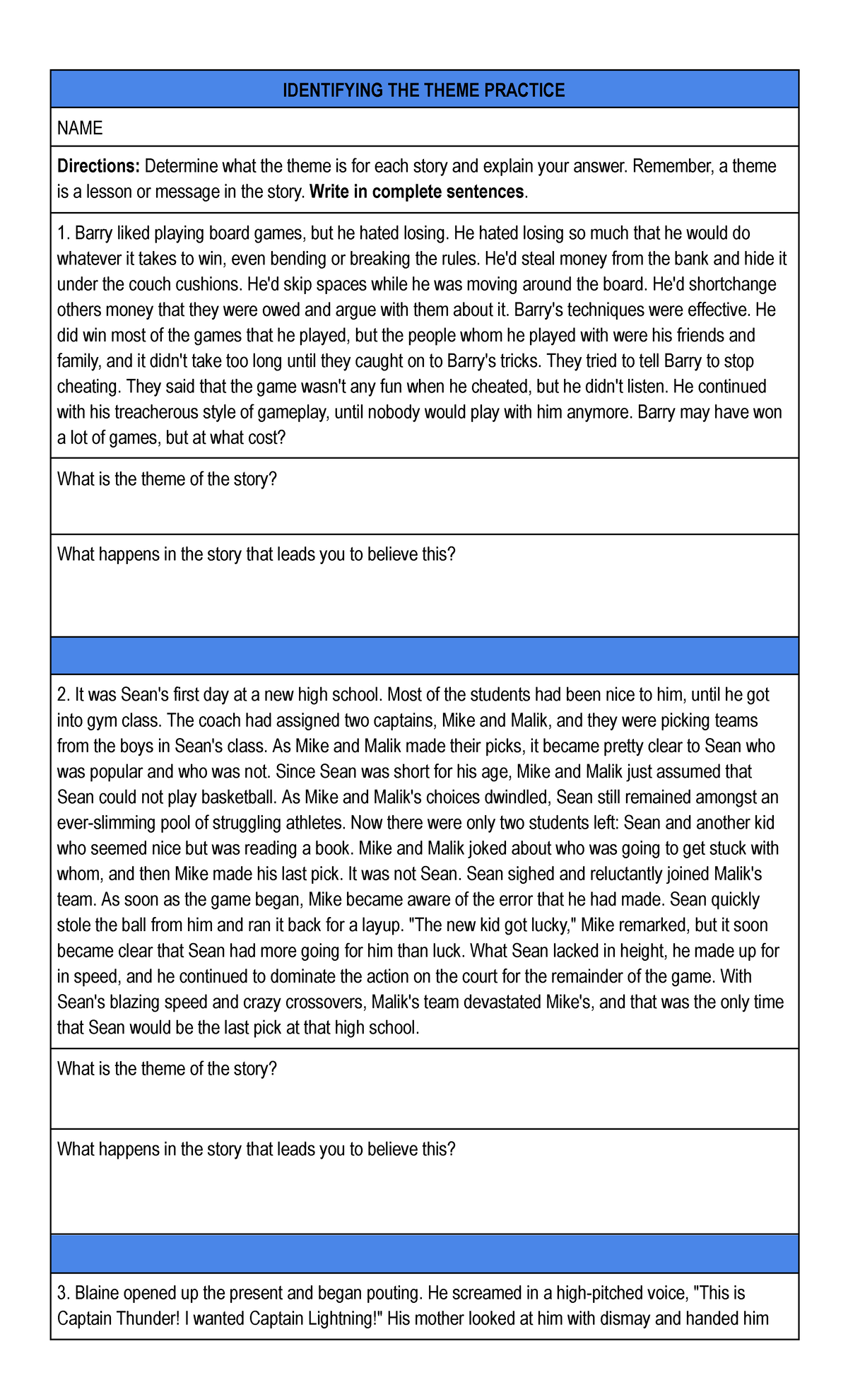 Copy of English - Identifying THE Theme Practice - IDENTIFYING THE ...